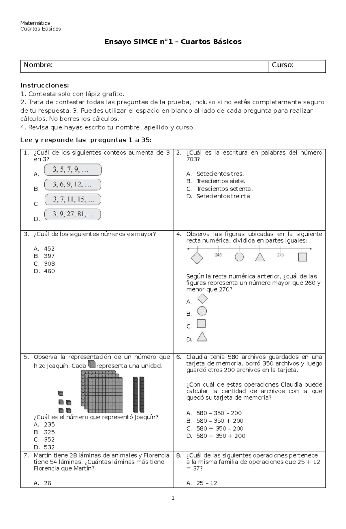 Ensayo SIMCE Matemática Cuartos Básicos - Preguntas y Respuestas - Studocu