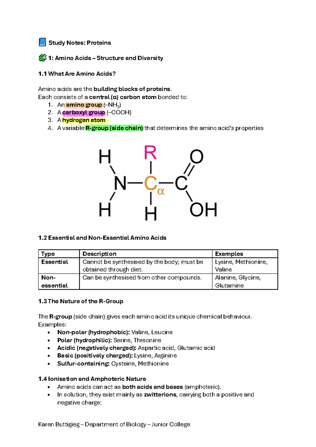 5. Study Notes: Proteins - Amino Acids, Structure & Function - Studocu