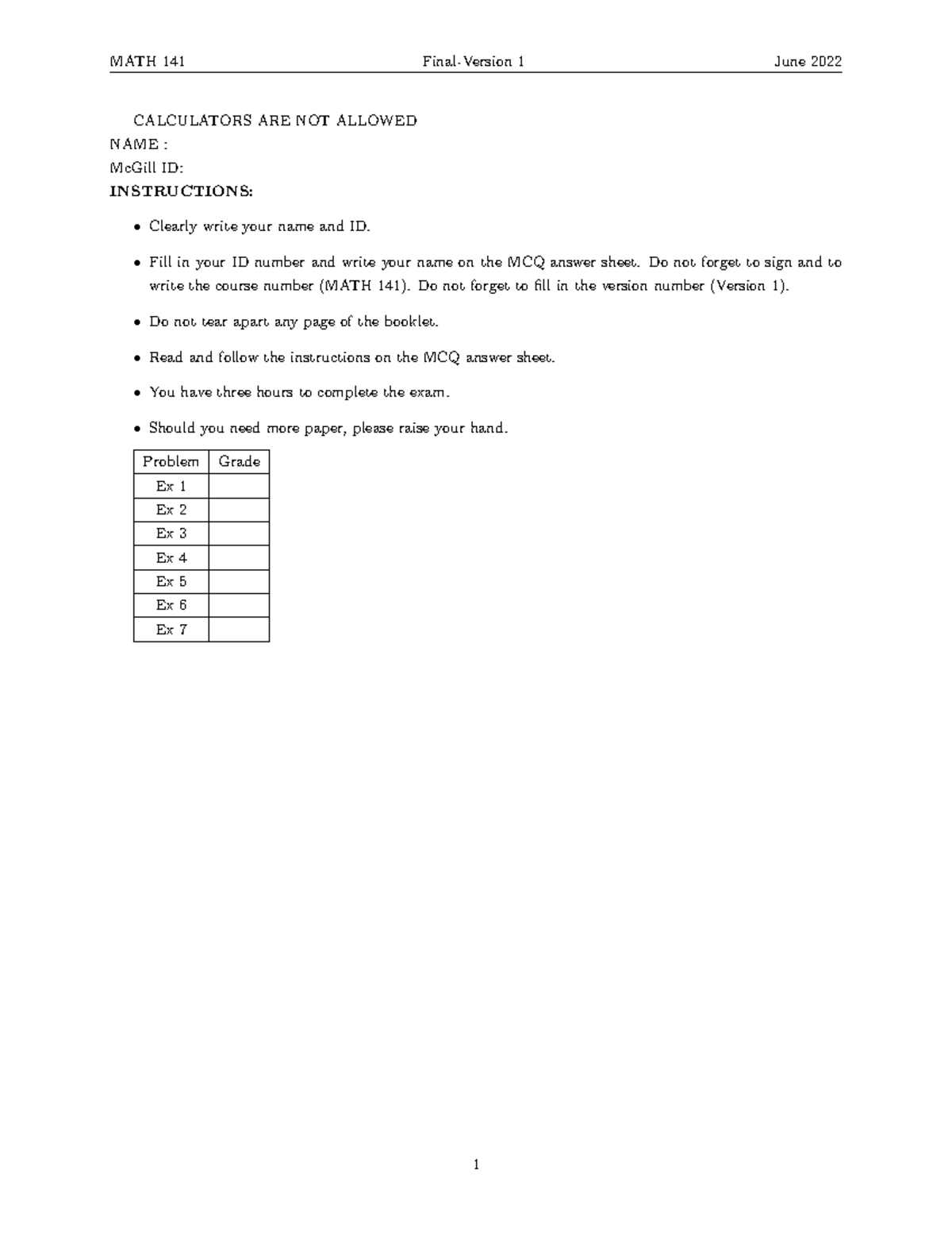 MATH 141 Final Exam June 2022 - Multiple Choice & Long Answer - Studocu