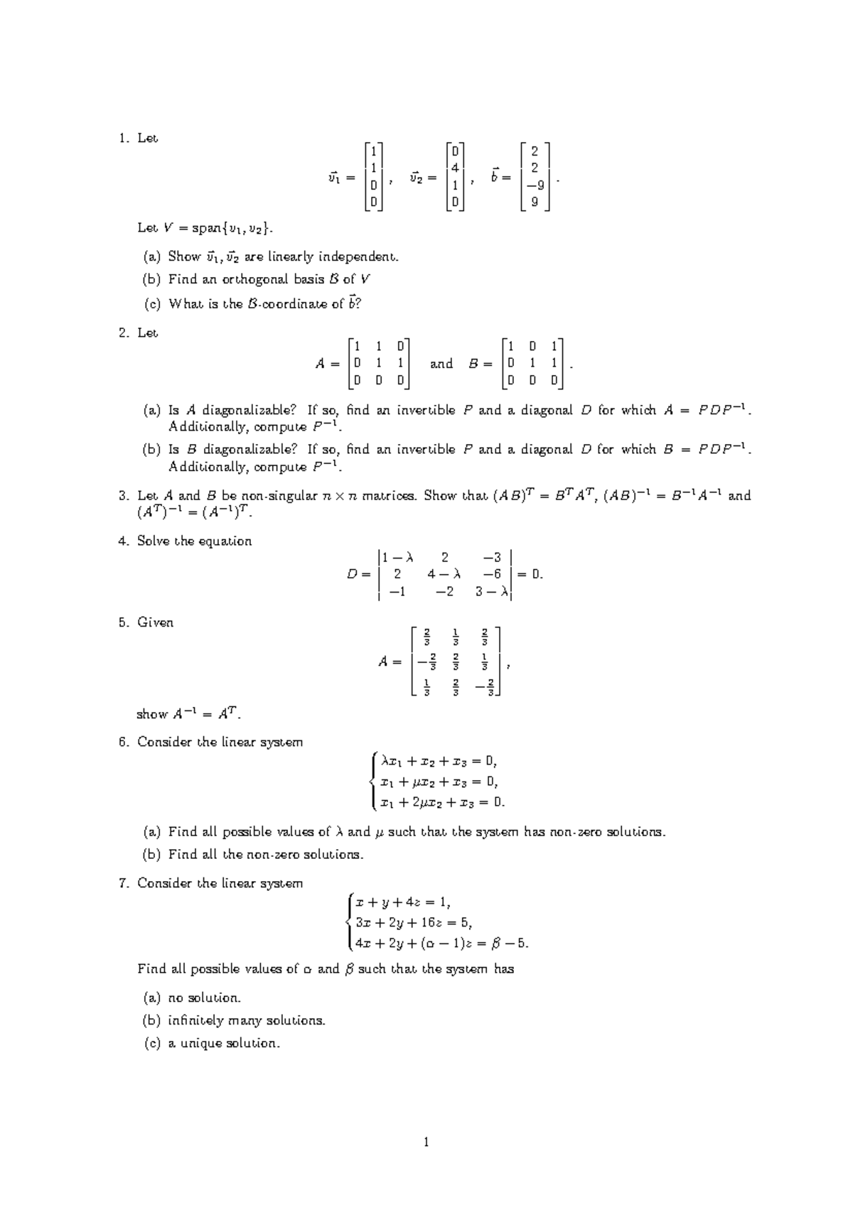 MA1503 Final Review: Linear Algebra Concepts and Problems - Studocu