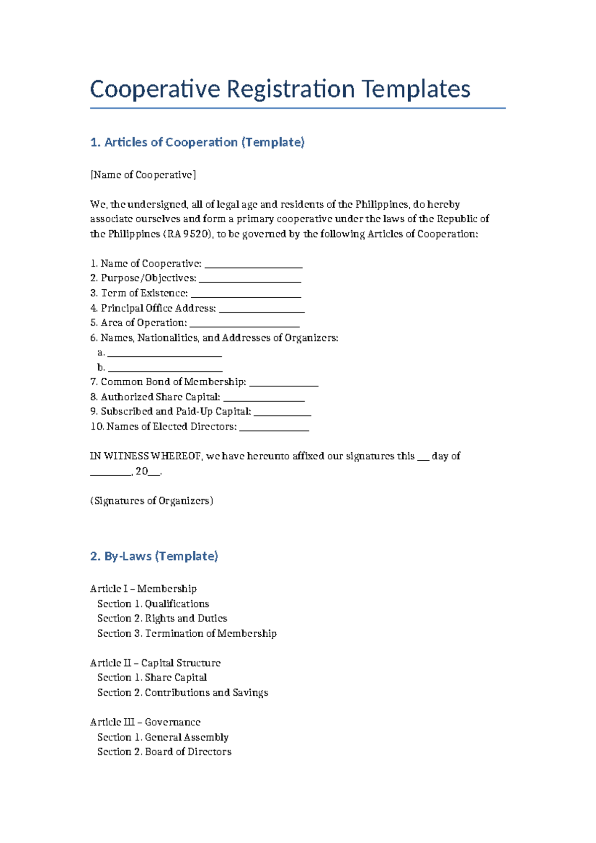 Cooperative Registration Templates: Articles, Membership, and ...