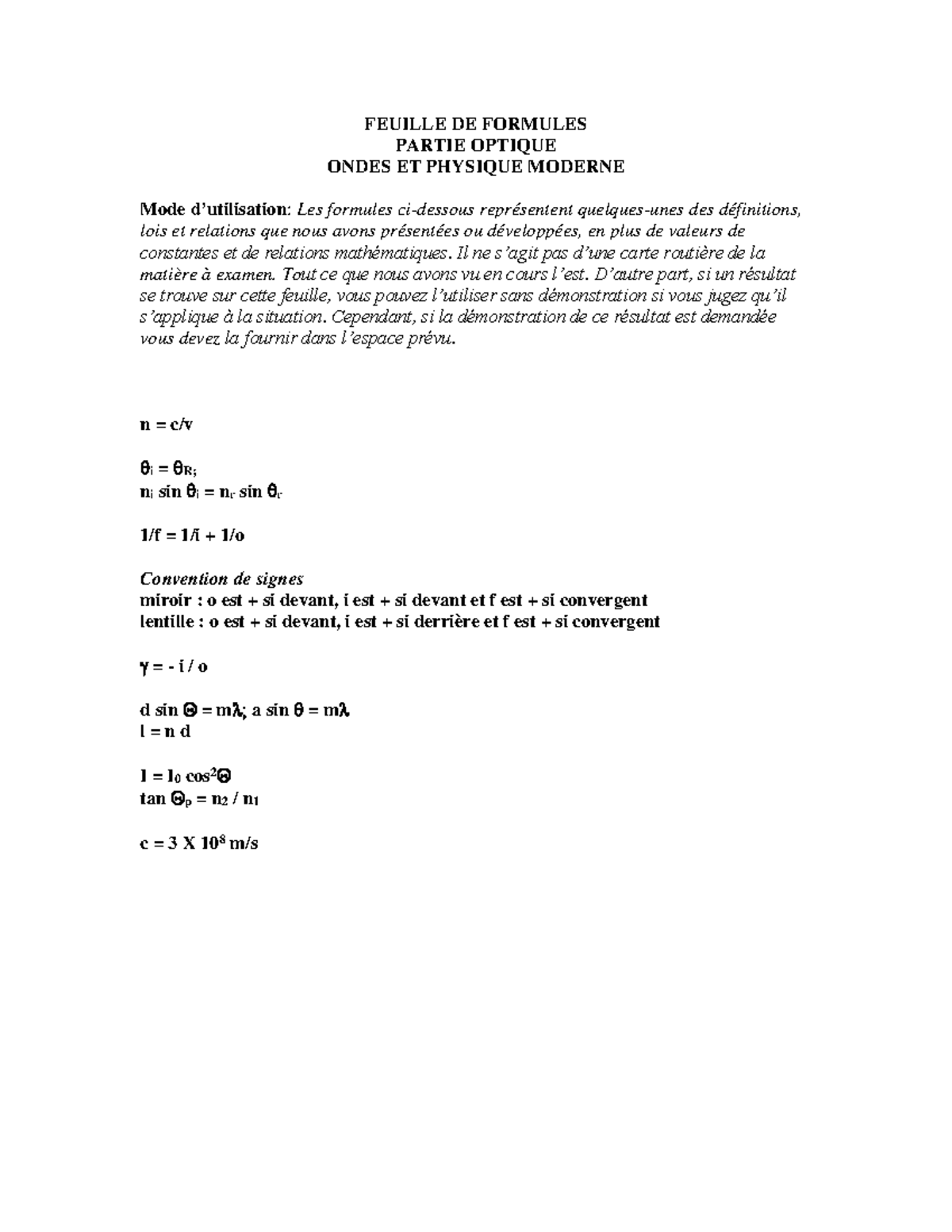 Feuille de Formules - Optique et Physique Moderne (Cours) - Studocu