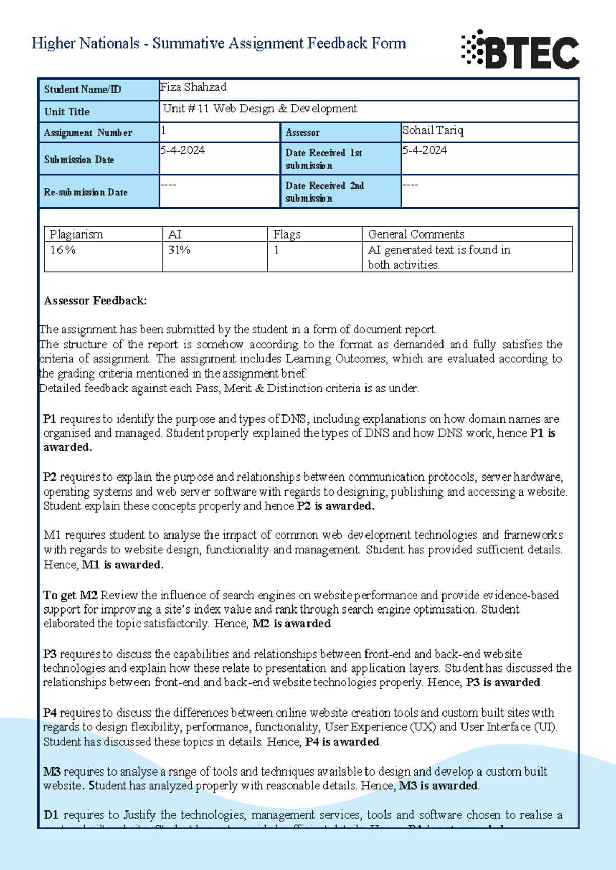 Unit 11 Web Design Development Feedback - Fiza Shahzad - Studocu
