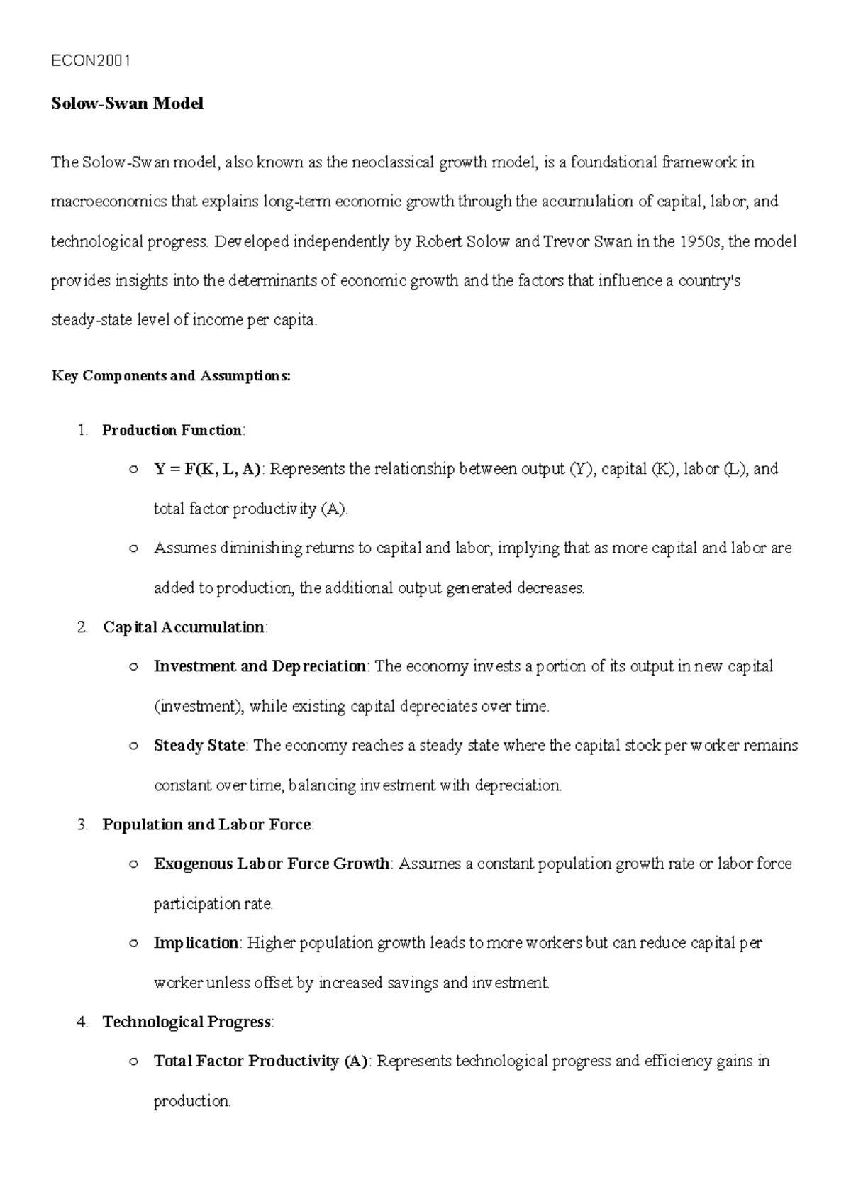 Solow-Swan Growth Model Notes - ECON Solow-Swan Model The Solow-Swan ...