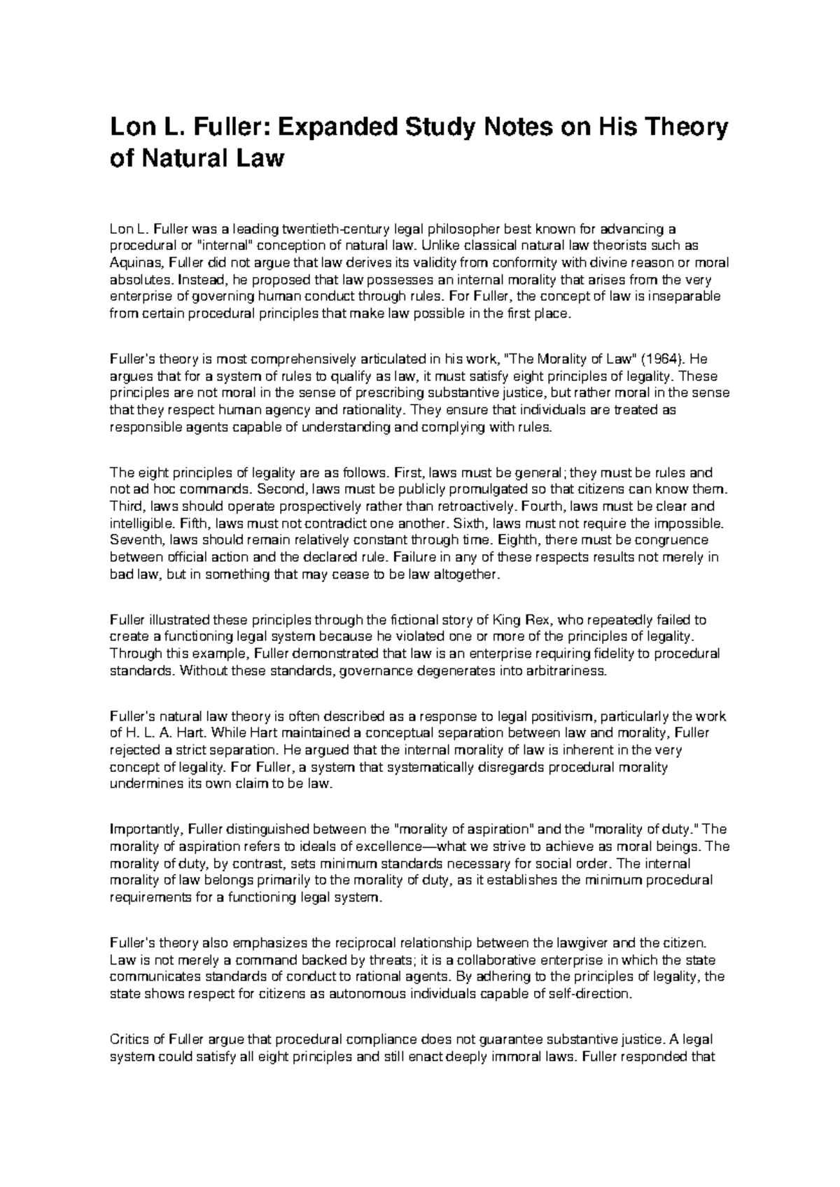 Lon L. Fuller: Expanded Study Notes on Natural Law Theory - Studocu
