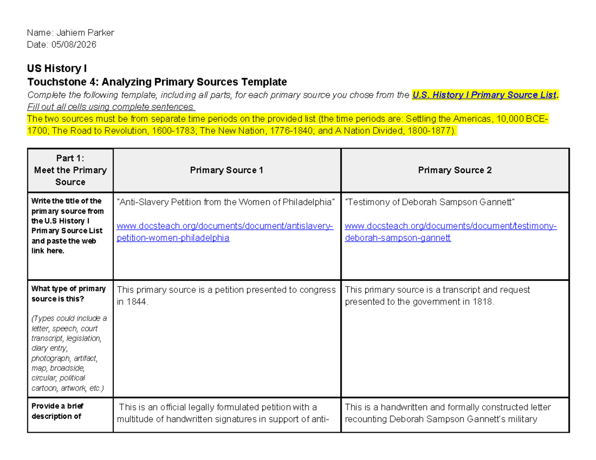 US History I Touchstone 4: Analyzing Primary Sources Template - Studocu