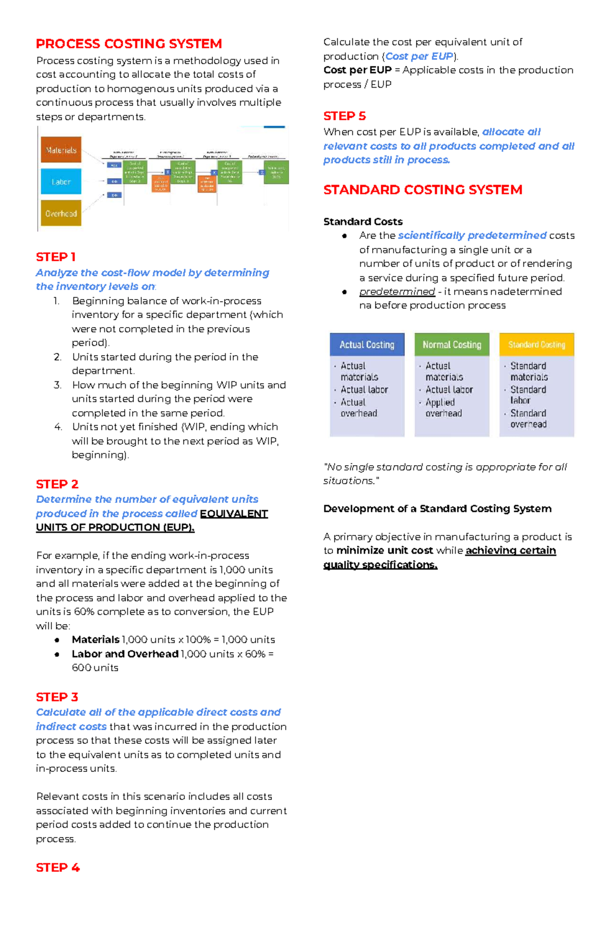 Process costing system: Understanding cost per equivalent unit (EUP) - Studocu