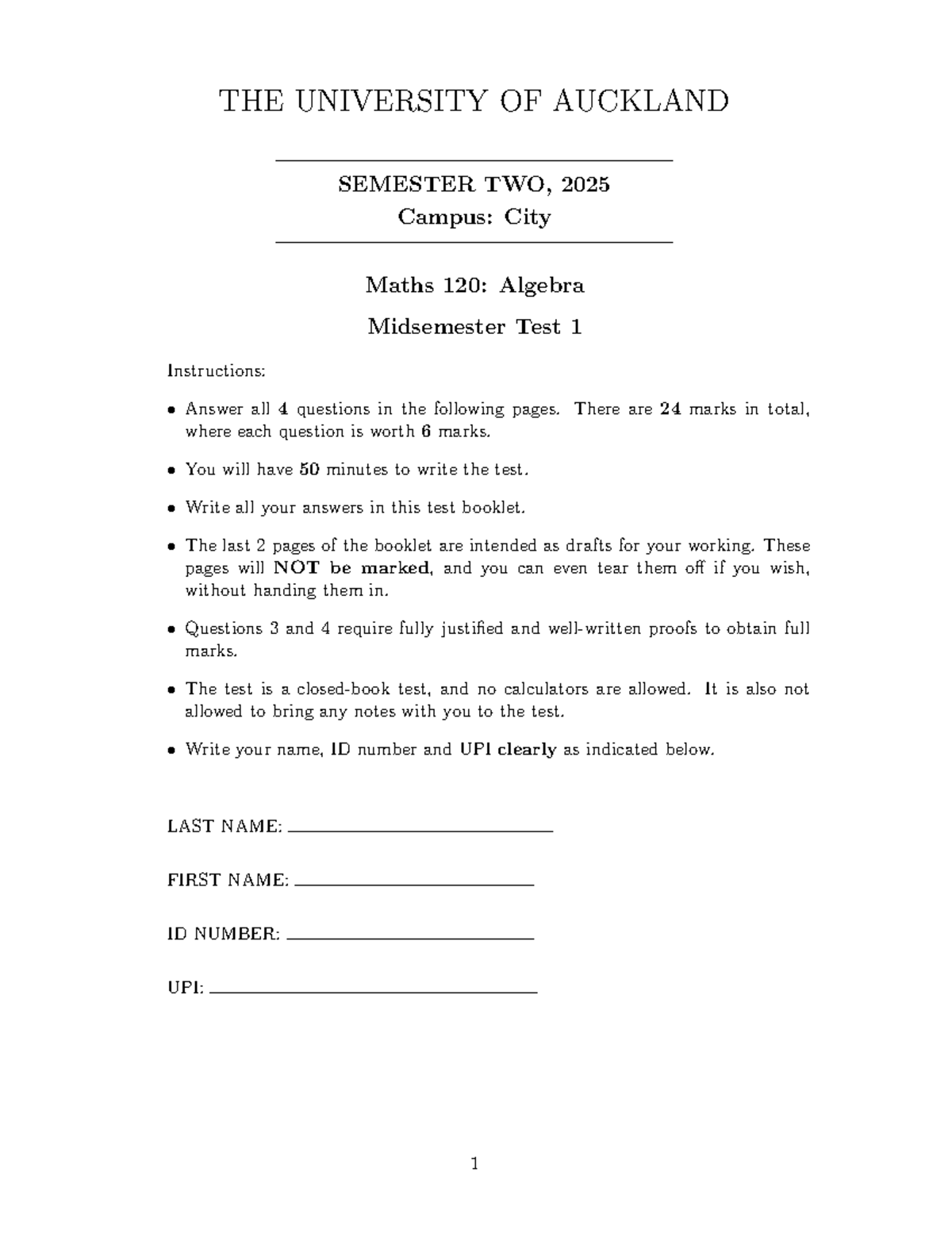 Maths 120: Algebra Midsemester Test 1 Solutions S2 2025 - Studocu