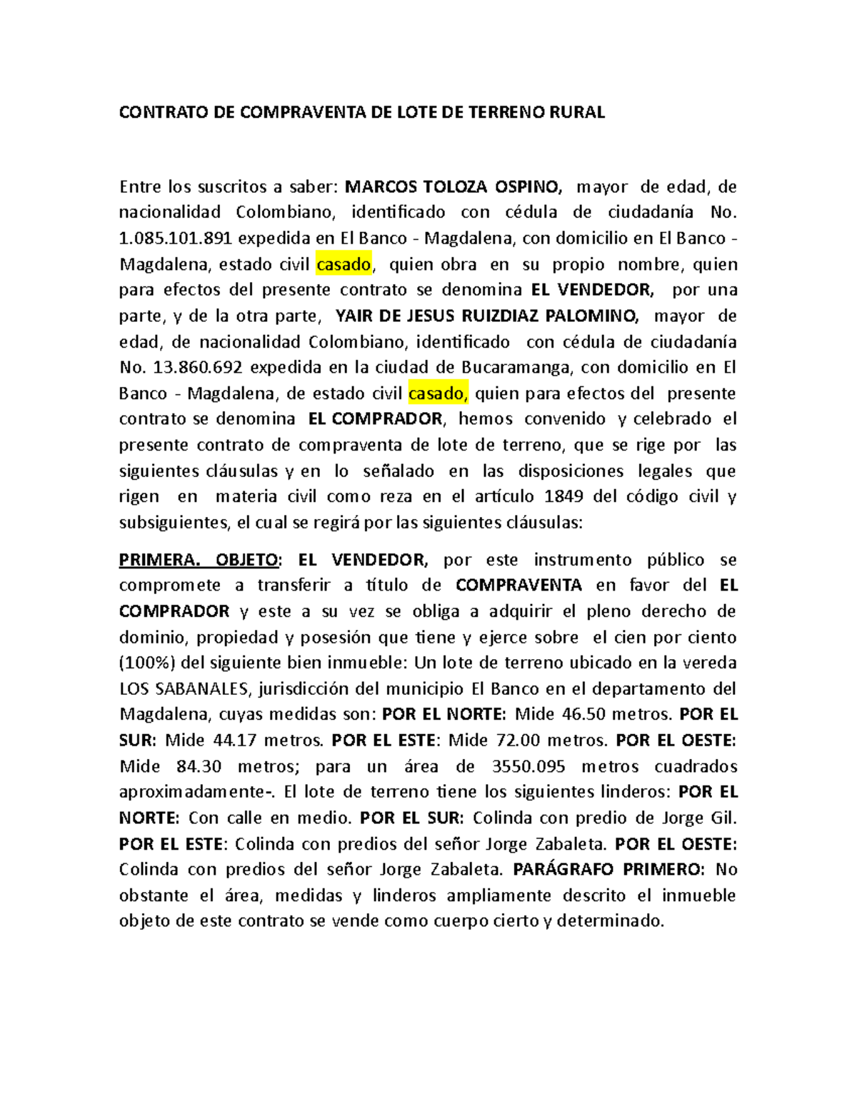 Contrato de Compraventa Lote Terreno Rural - Detalles y Condiciones ...