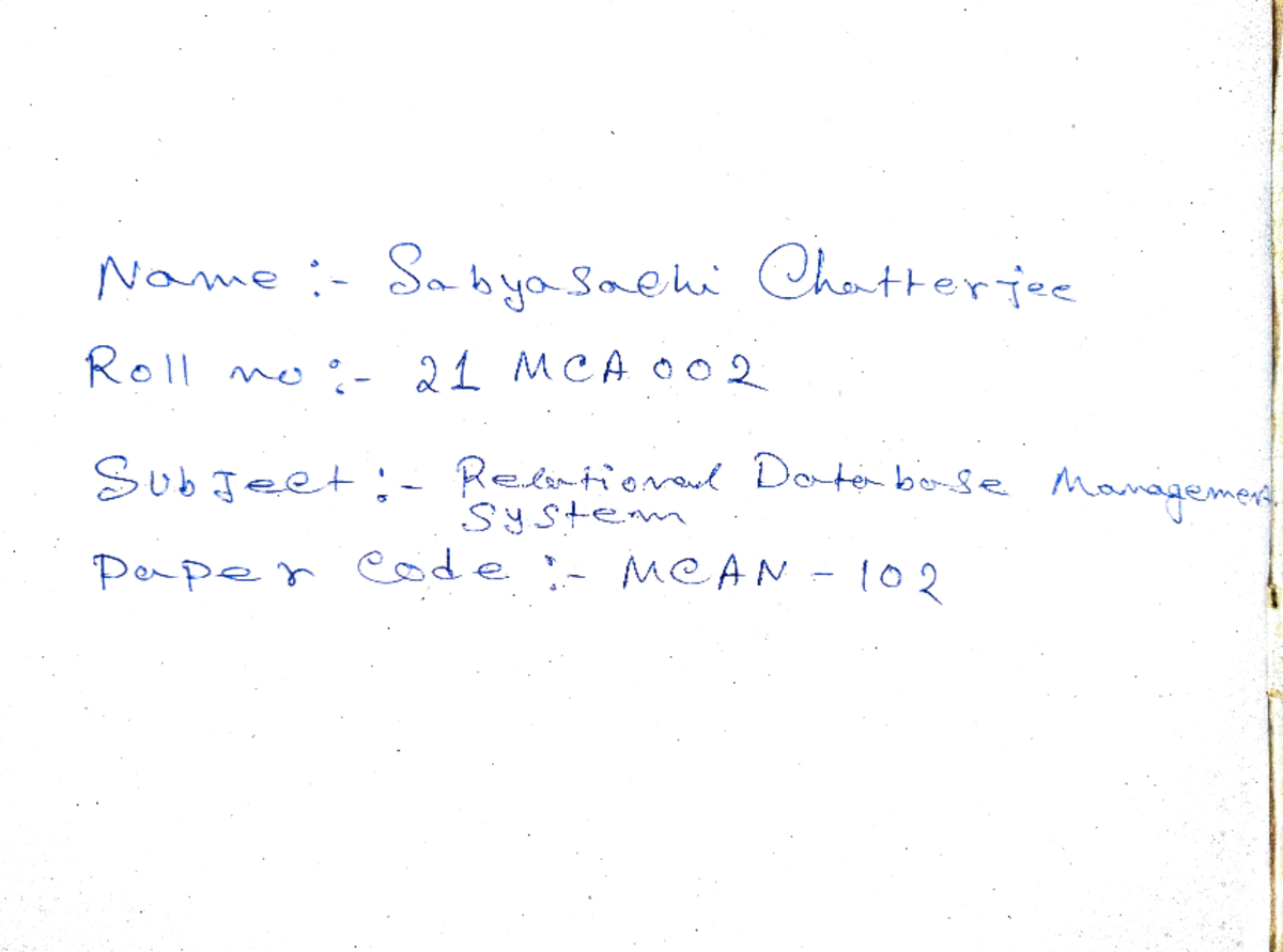 Rdbms computer science - Nome- SbyoSoeui Chatterjee Roll me -21 MCAoo 2 SUb Teet-Reihonmd ...