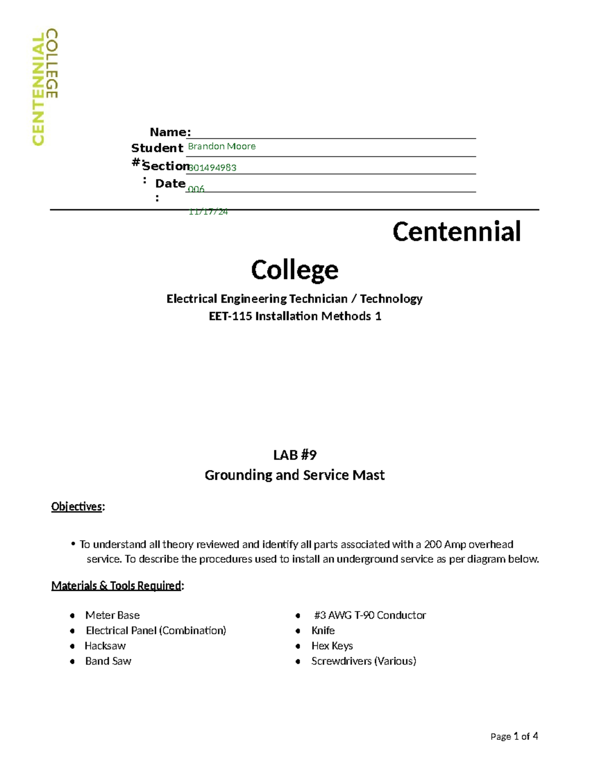 EET-115 Lab 9 - Grounding & Service Mast - Centennial College ...