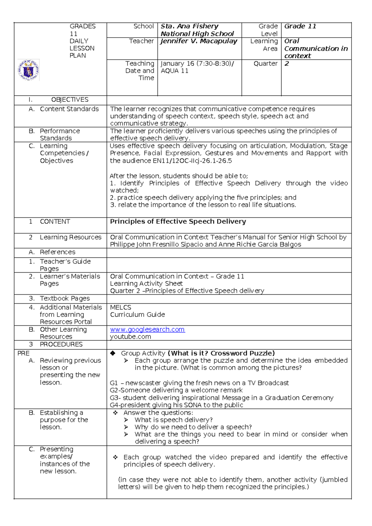 DLP for AQUA 11 - Lesson Plan on Effective Speech Delivery Techniques ...