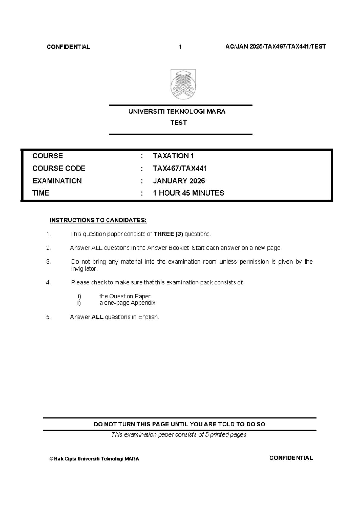 TAX467 TAX441 January 2026 Examination Paper on Taxation 1 - Studocu