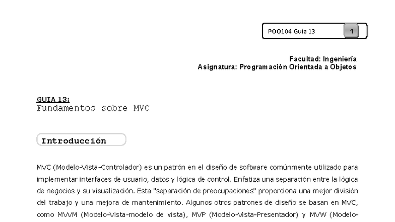 POO104 Guía 13: Fundamentos del Patrón MVC en Programación - Studocu