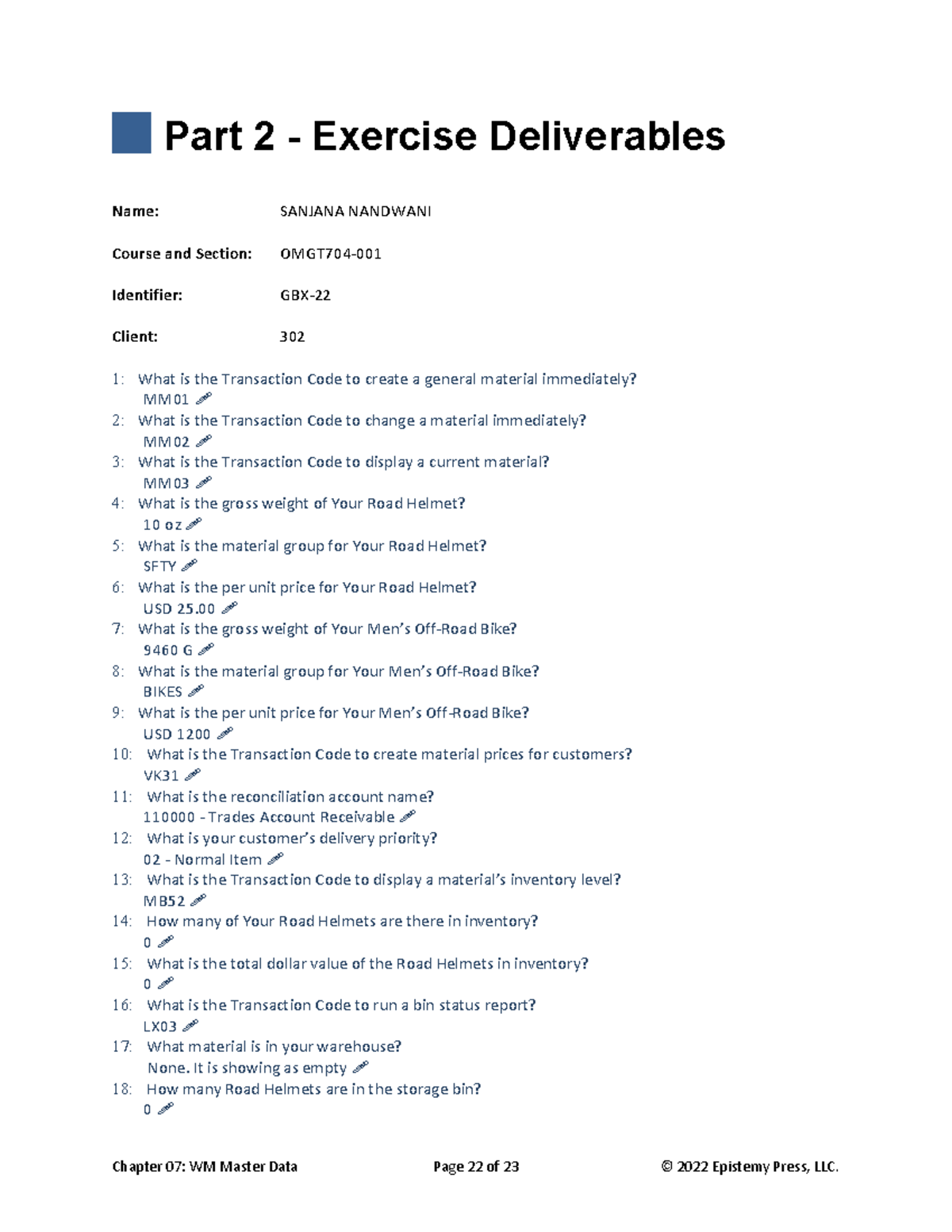 OMGT704 - SAP WM Master Data Exercise 7.01 Deliverables - Studocu