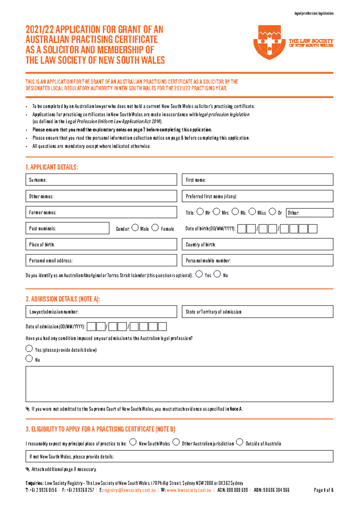 2021-22 Application for Grant of an Australian Practising Certificate ...