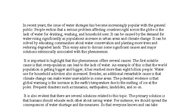 Essay on Water Shortages: Causes and Solutions - Studocu