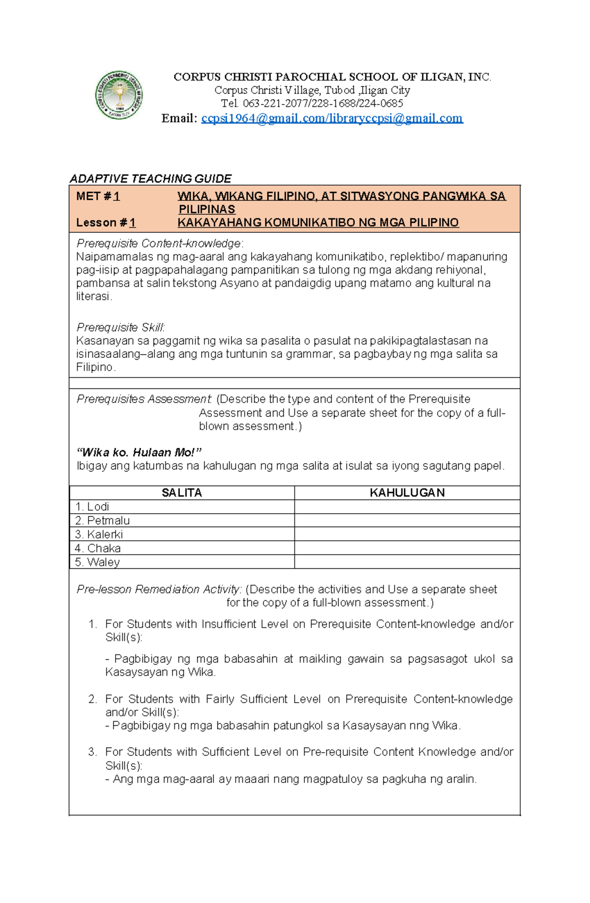 ADAPTIVE TEACHING GUIDE MET 1 Lesson 1: Wika at Sitwasyong Pangwika ...