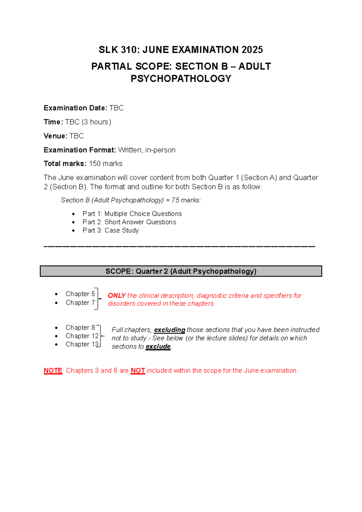 SLK 310: June 2025 Exam Scope for Section B - Adult Psychopathology ...