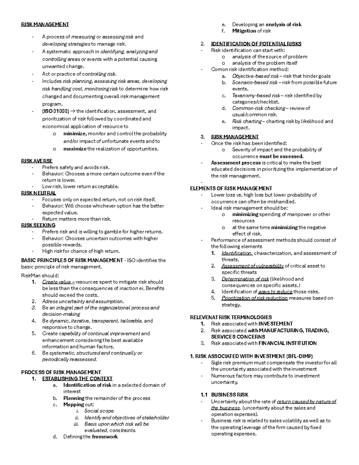 Risk Management (RISKMAN) - Comprehensive Lecture Notes - Studocu