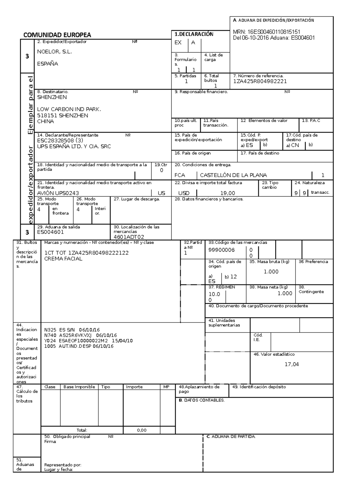 Ejemplo de Declaración DUA para Exportación - 16ES - Studocu