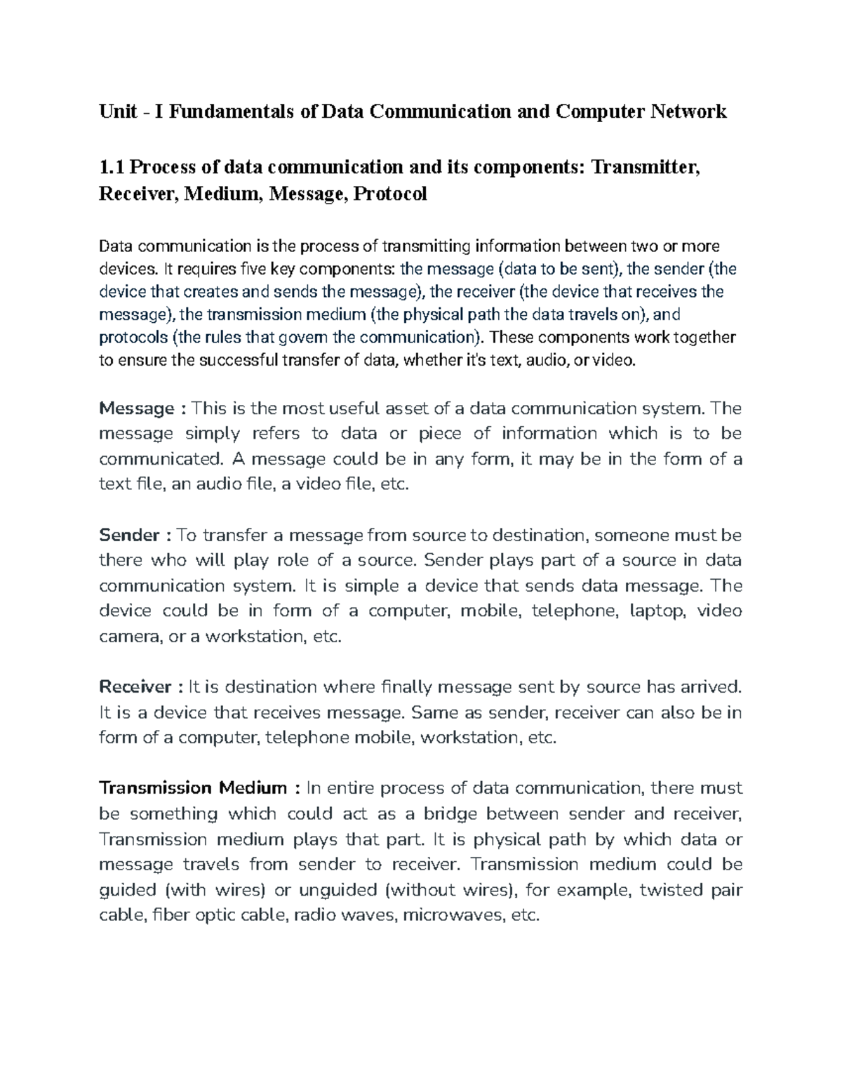 DCN 101: Unit I - Fundamentals of Data Communication & Networking - Studocu