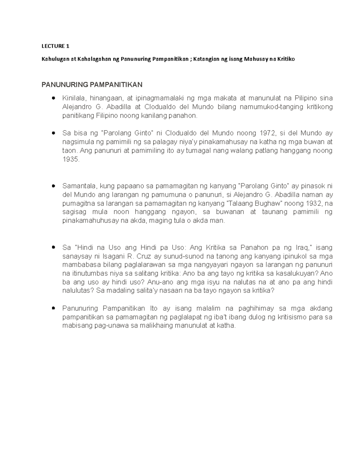 Lecture 1: Kahulugan ng Panunuring Pampanitikan at Katangian ng Kritiko ...