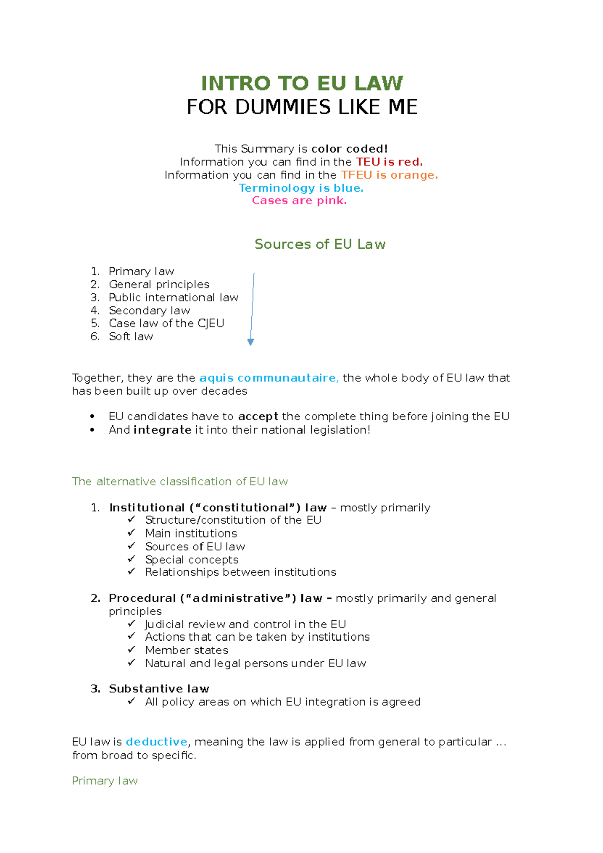 Intro to EU Law: A Color-Coded Summary Guide for Students - Studeersnel