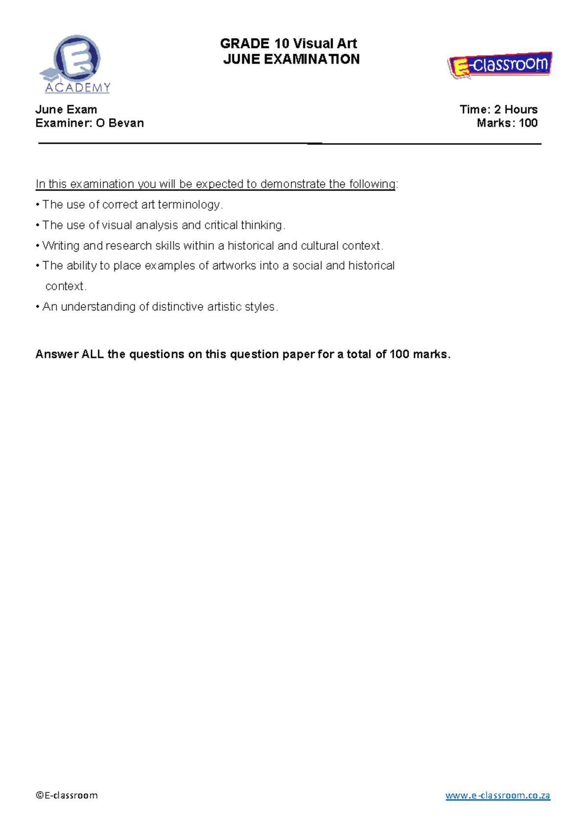 Gr10 Visual Arts Term 2 Practice Paper - June Exam Prep - Studocu