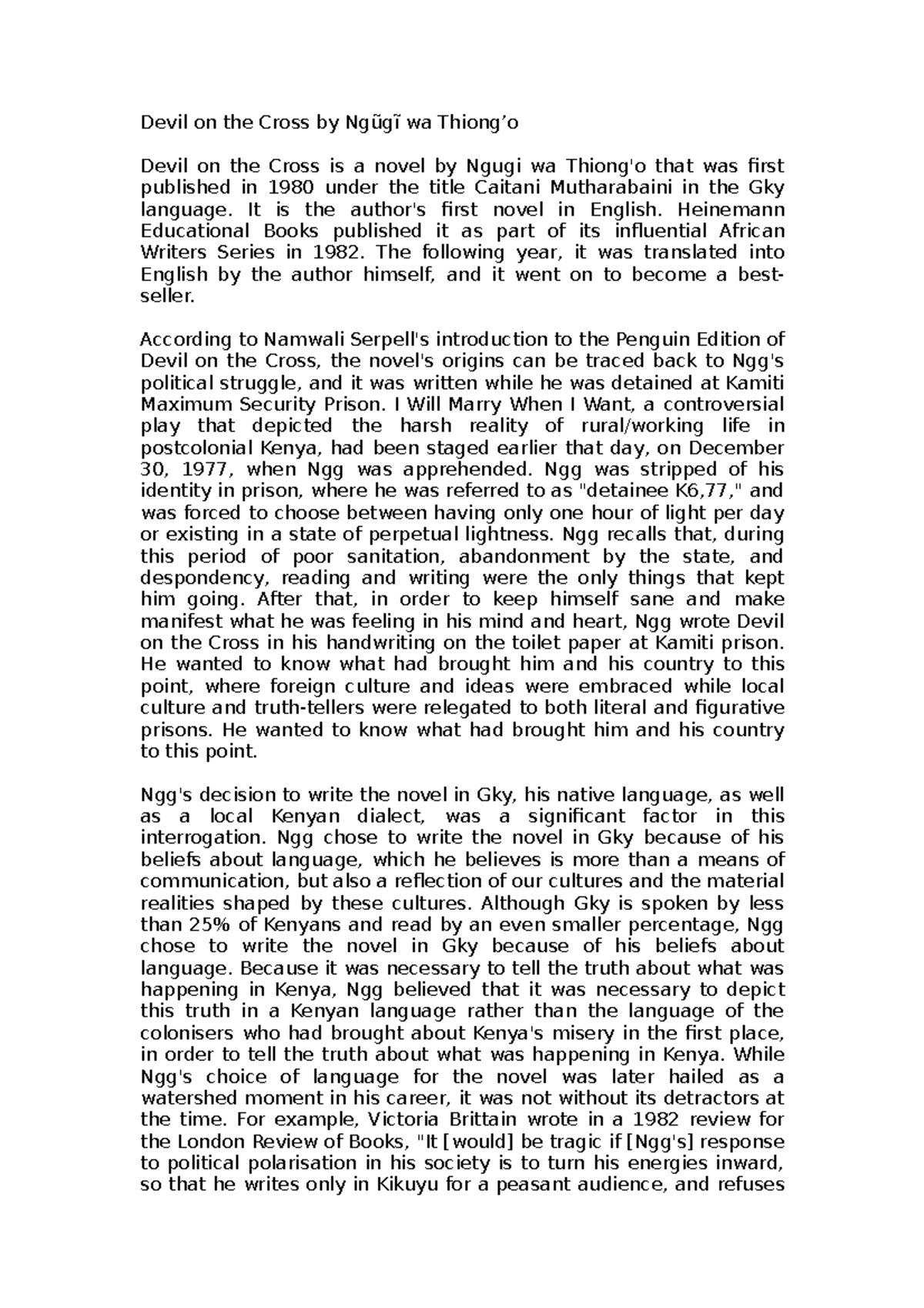 Devil on the Cross by Ngũgĩ wa Thiong - Devil on the Cross by Ngũgĩ wa ...