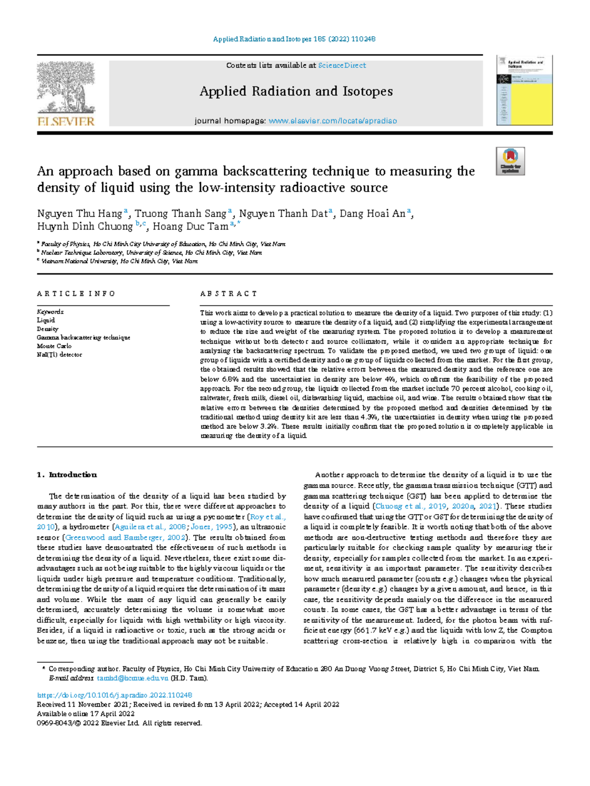 Applied Radiation and Isotopes 185: Gamma Backscattering for Liquid ...