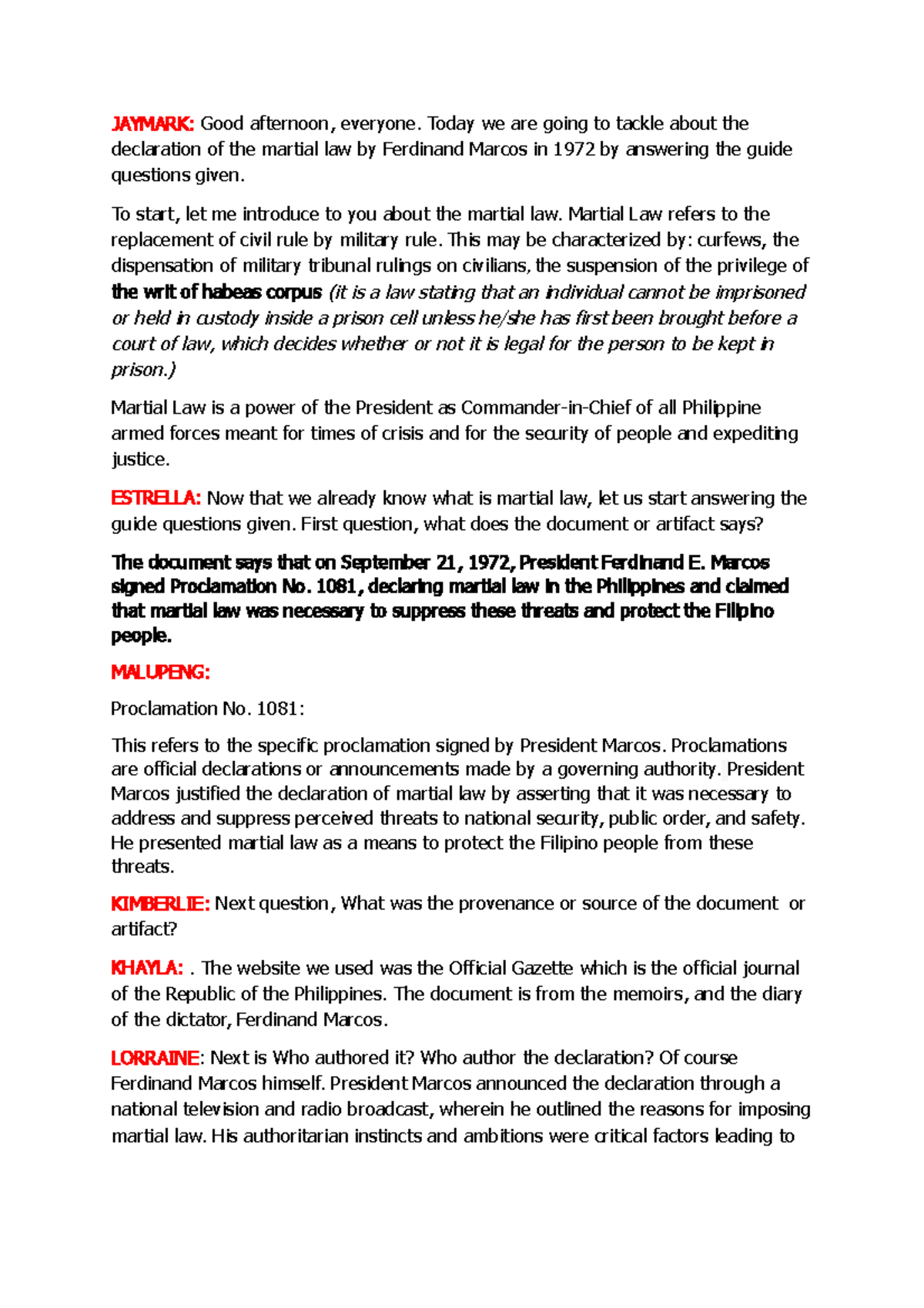 Analysis of Martial Law Declaration: Script-for-RPH (Reporting) - Studocu