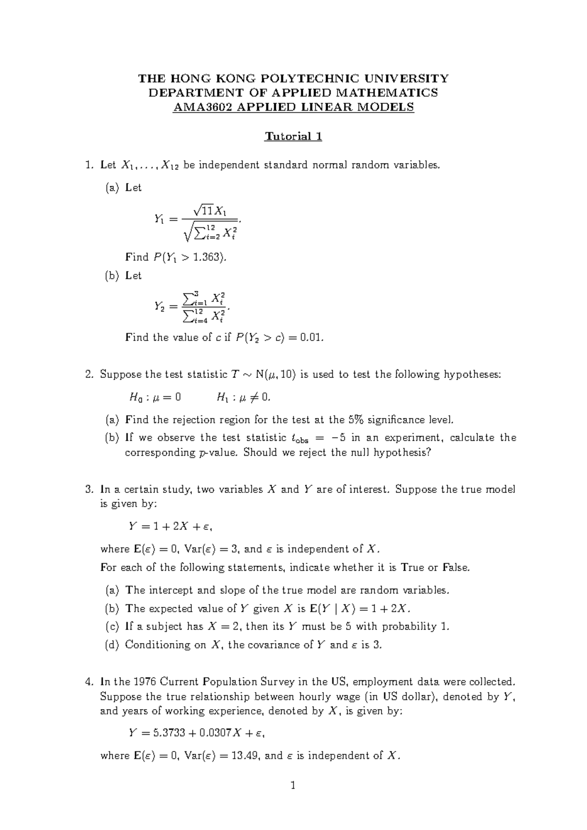 AMA3602 Applied Linear Models Tutorial 01: Statistics & Distributions ...