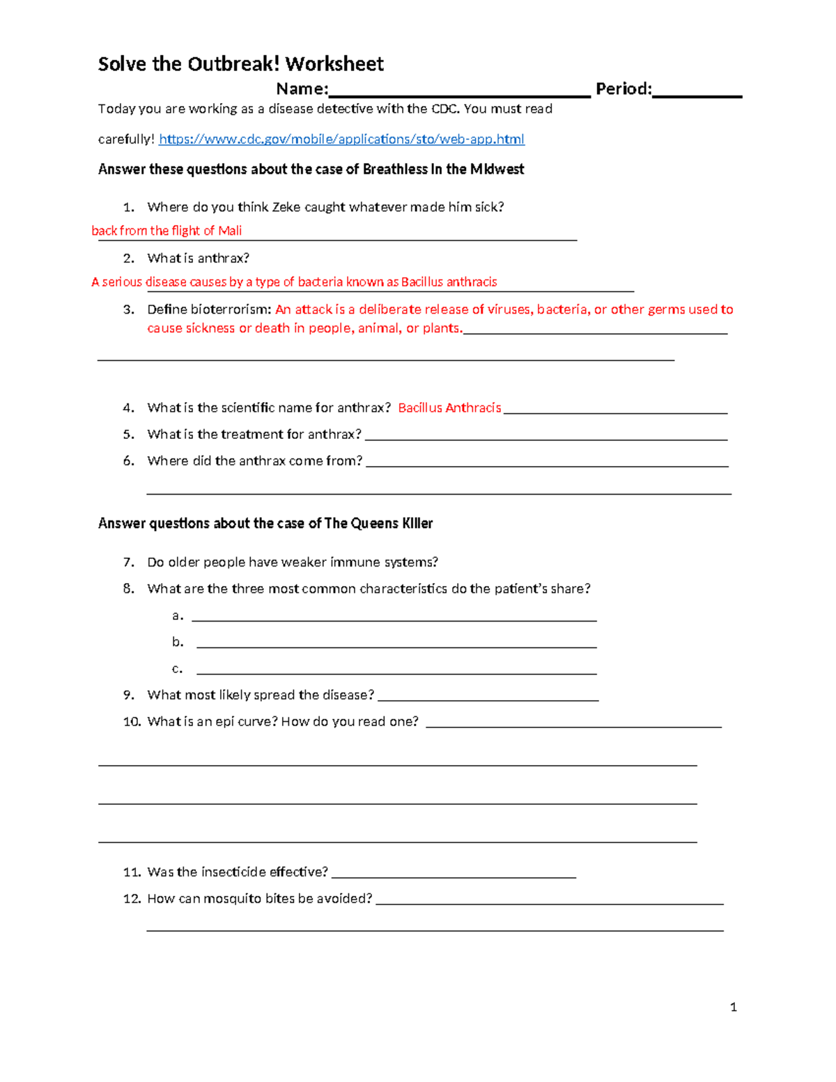 CDC Outbreak Worksheet: Investigating Disease Transmission and ...