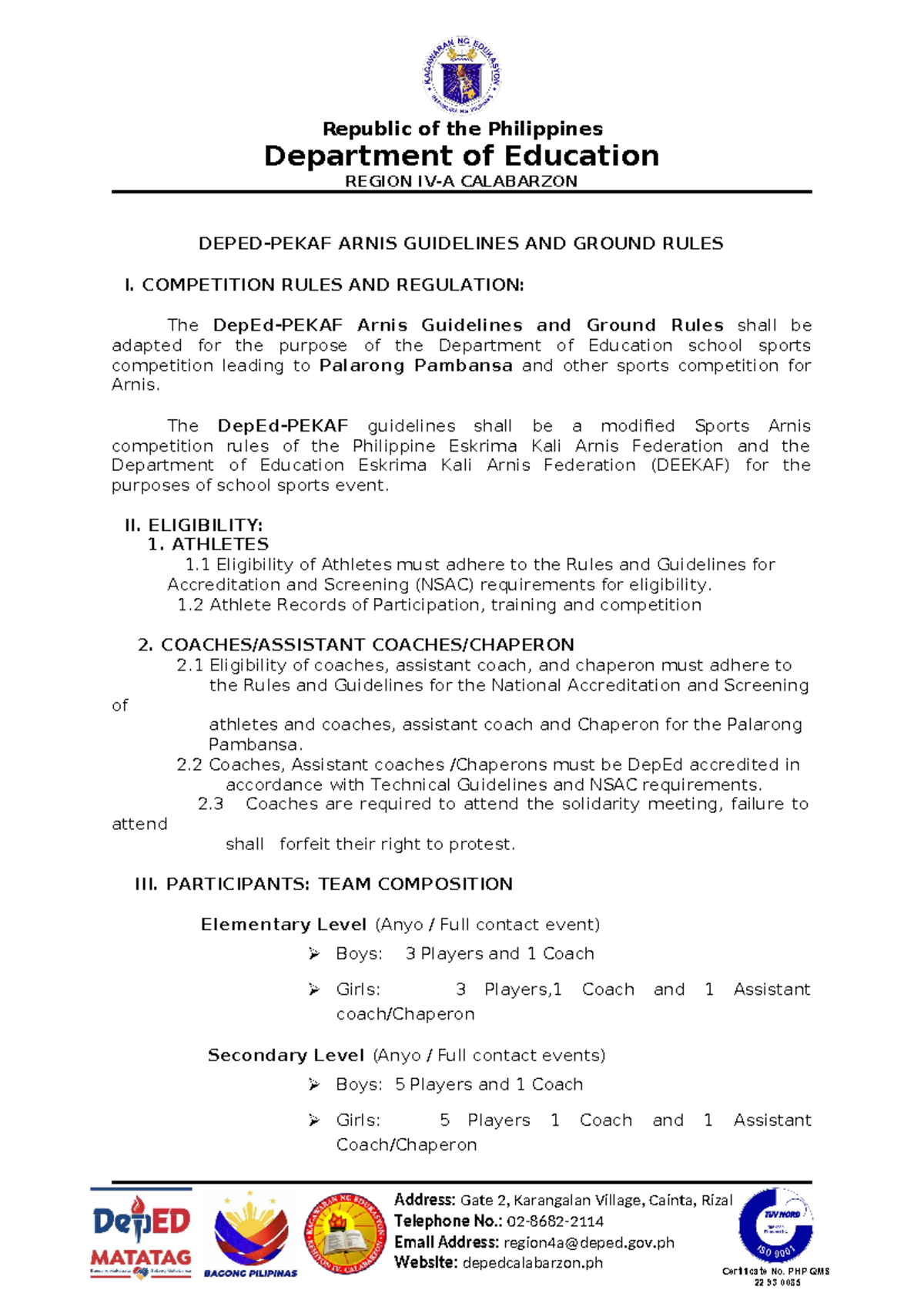 DepEd Arnis Competition Guidelines & Ground Rules 2024 - Studocu