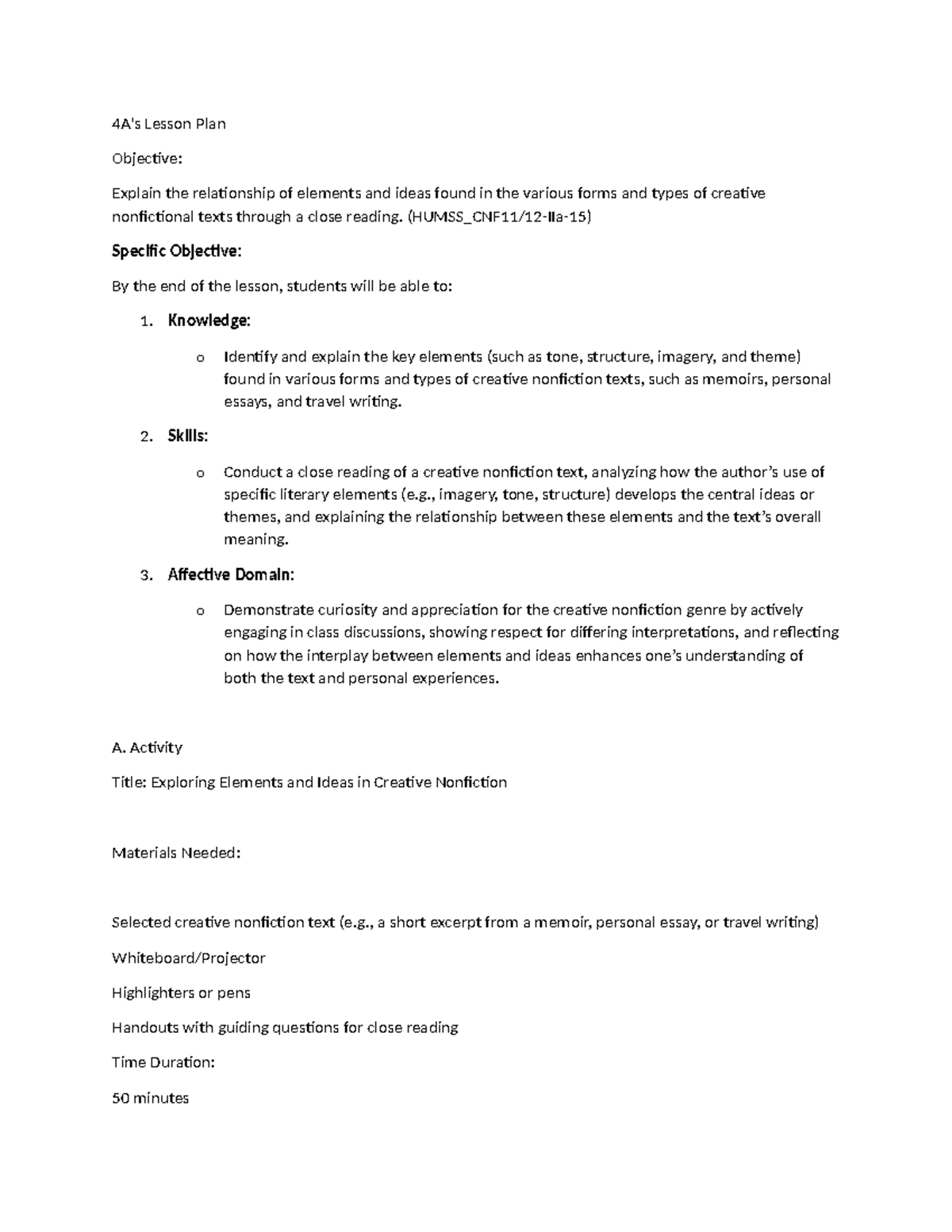 Lesson Plan on Creative Nonfiction Types (HUMSS_CNF11/12-IIa-15) - Studocu