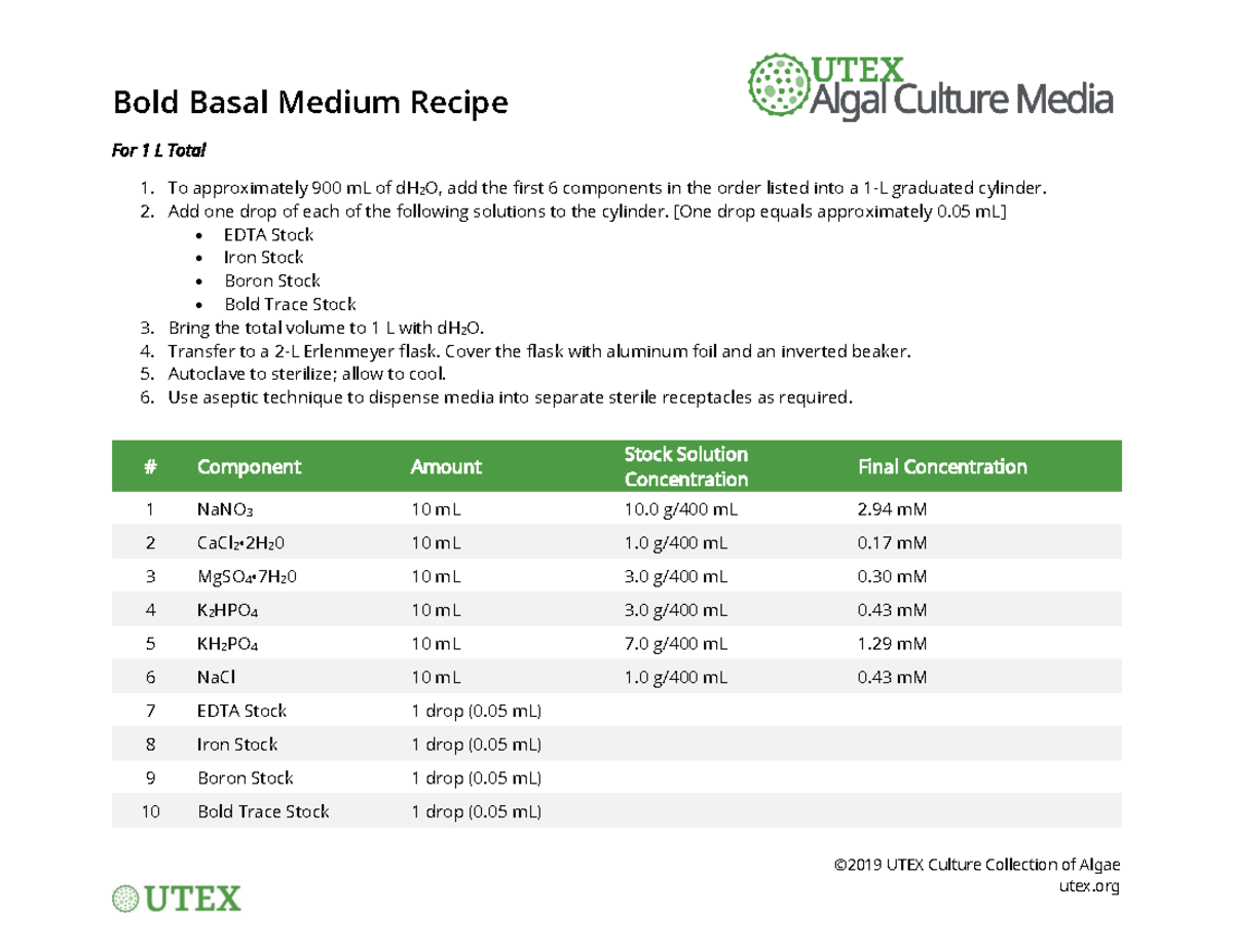 Bold Basal Medium Recipe Guide for 1 L Preparation - Studocu