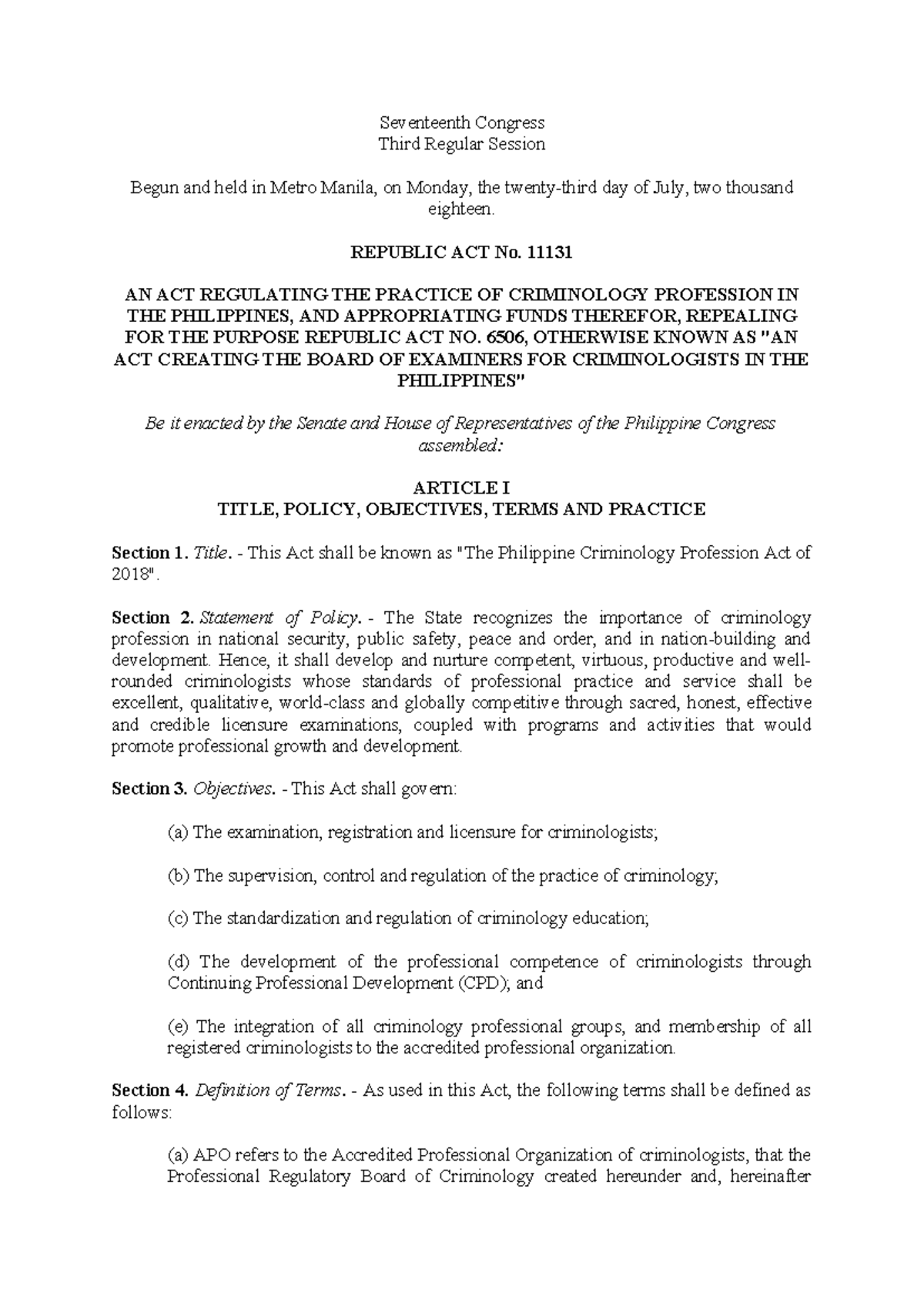 RA 11131 (CRIM) - The Philippine Criminology Profession Act of 2018 ...