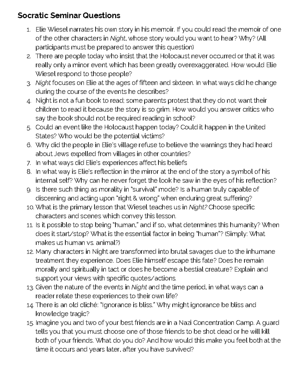 Nightsocratic Seminar Questions on Elie Wiesel's Memoir - Studocu