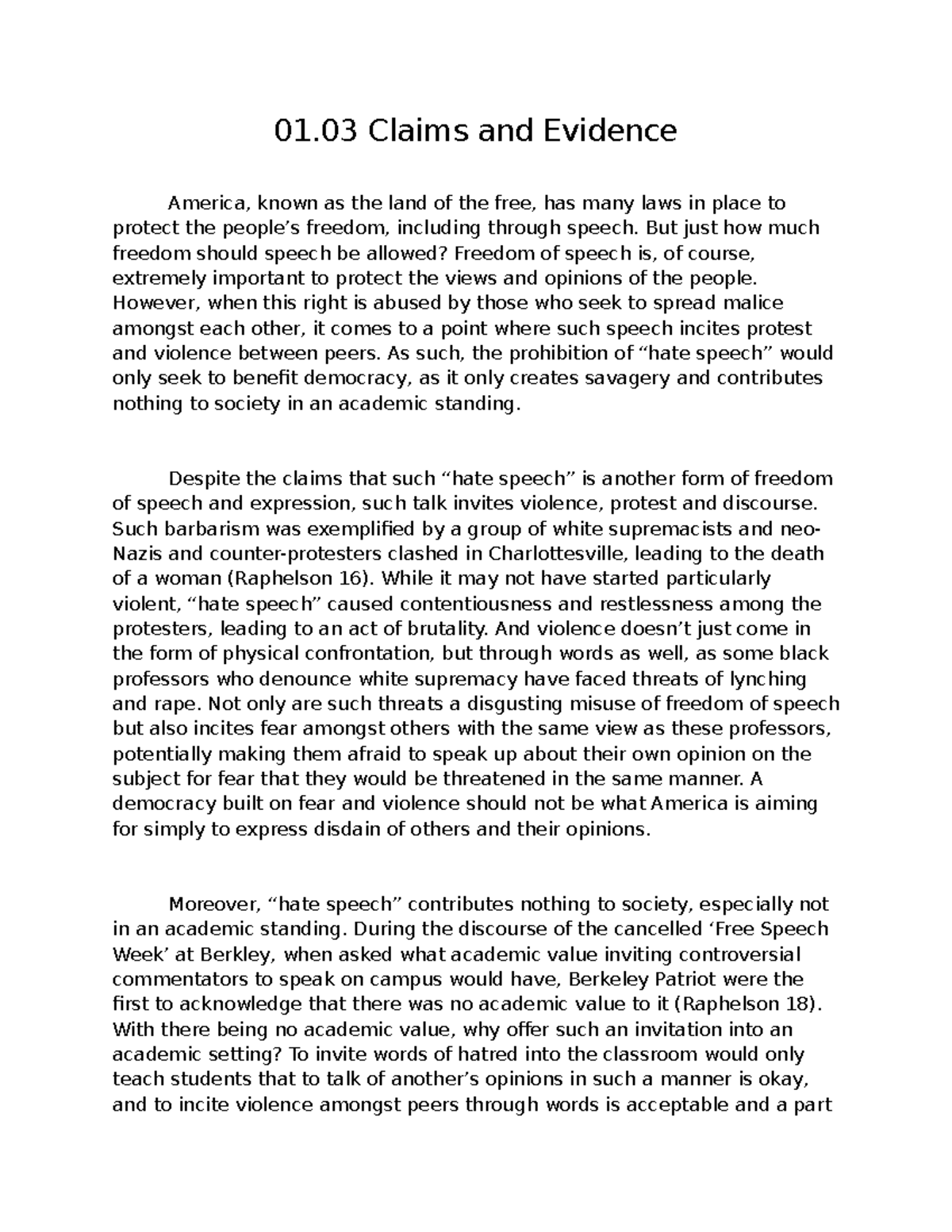 01.03 Claims and Evidence: The Limits of Freedom of Speech in America ...