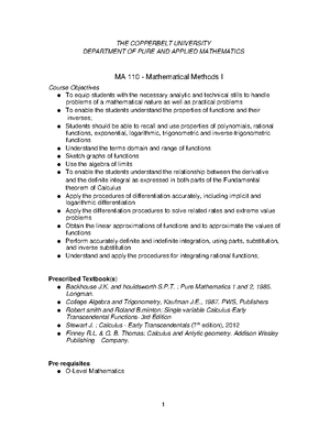 MA110 Course Outline-1 - COPPERBELT UNIVERSITY SCHOOL OF MATHEMATICS ...
