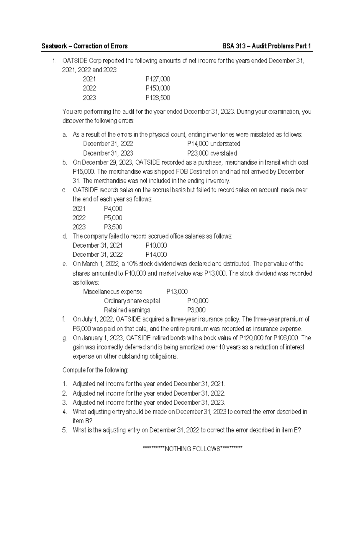 Seatwork 2 - Chapter 6: Audit Errors & Adjustments BSA 313 - Studocu