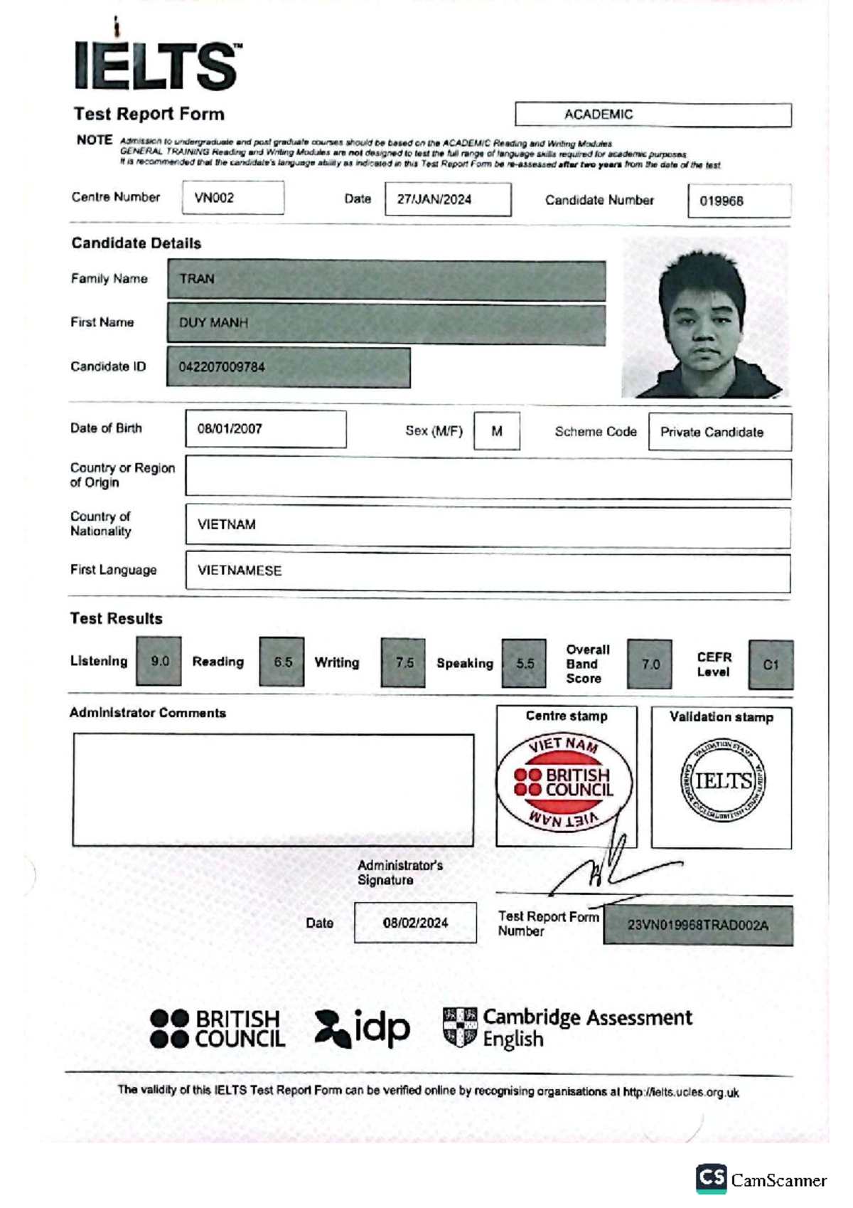 Test Report Form: IELTS Academic & General Training Results - Studocu