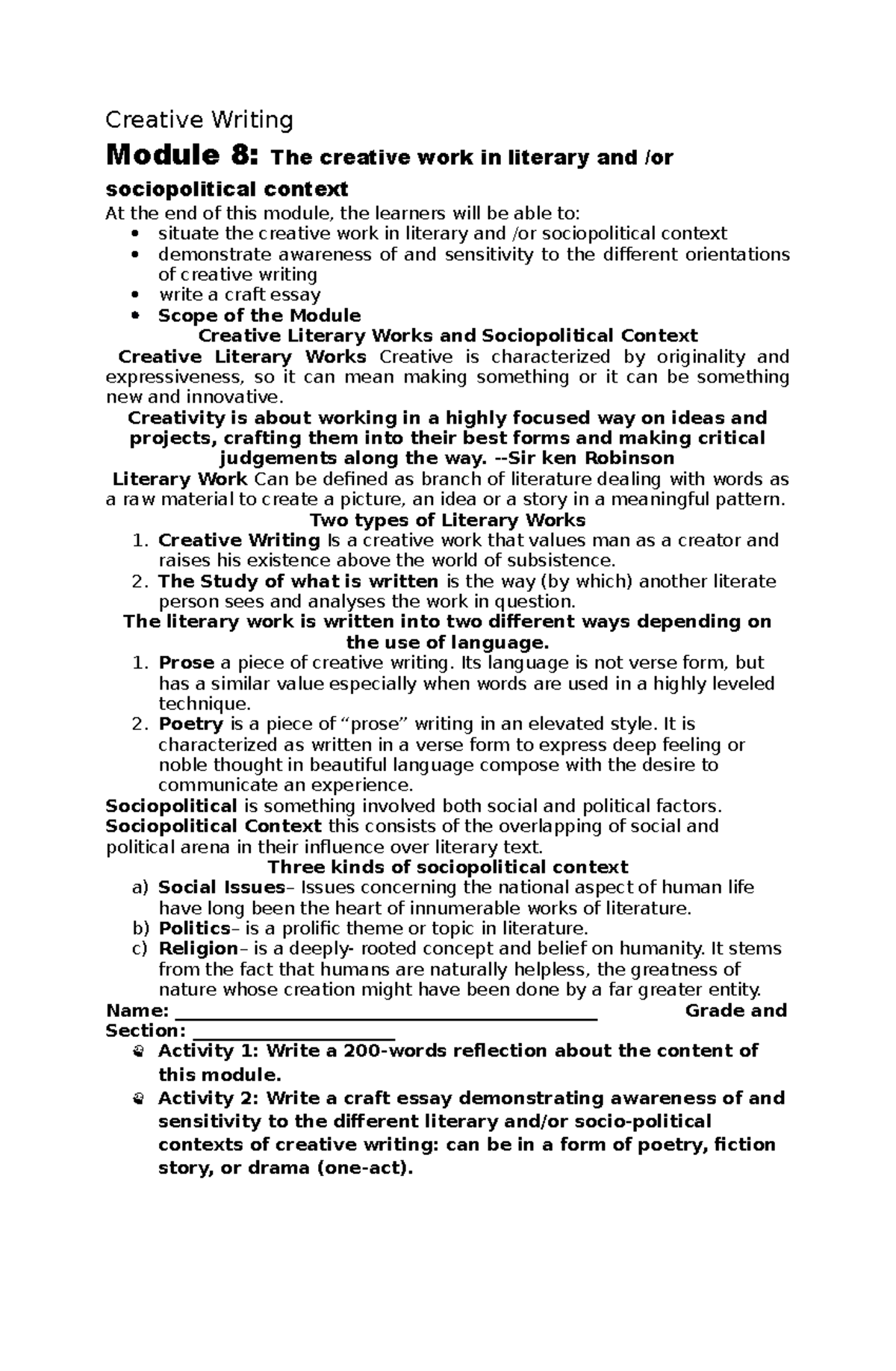 Module 8: Creative Writing in Literary and Sociopolitical Context - Studocu