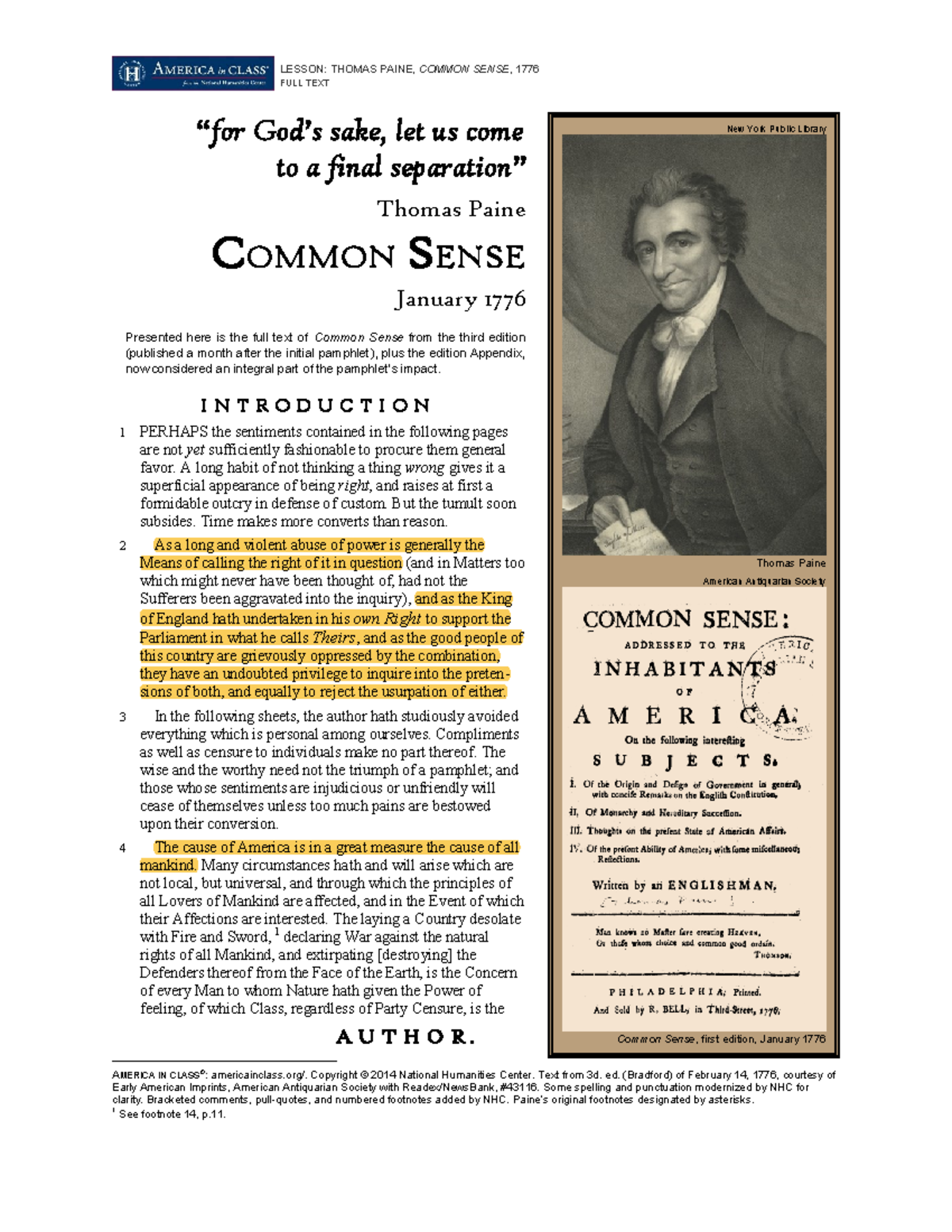 Common Sense (1776): Full Text of Paine's Influential Pamphlet - Studocu