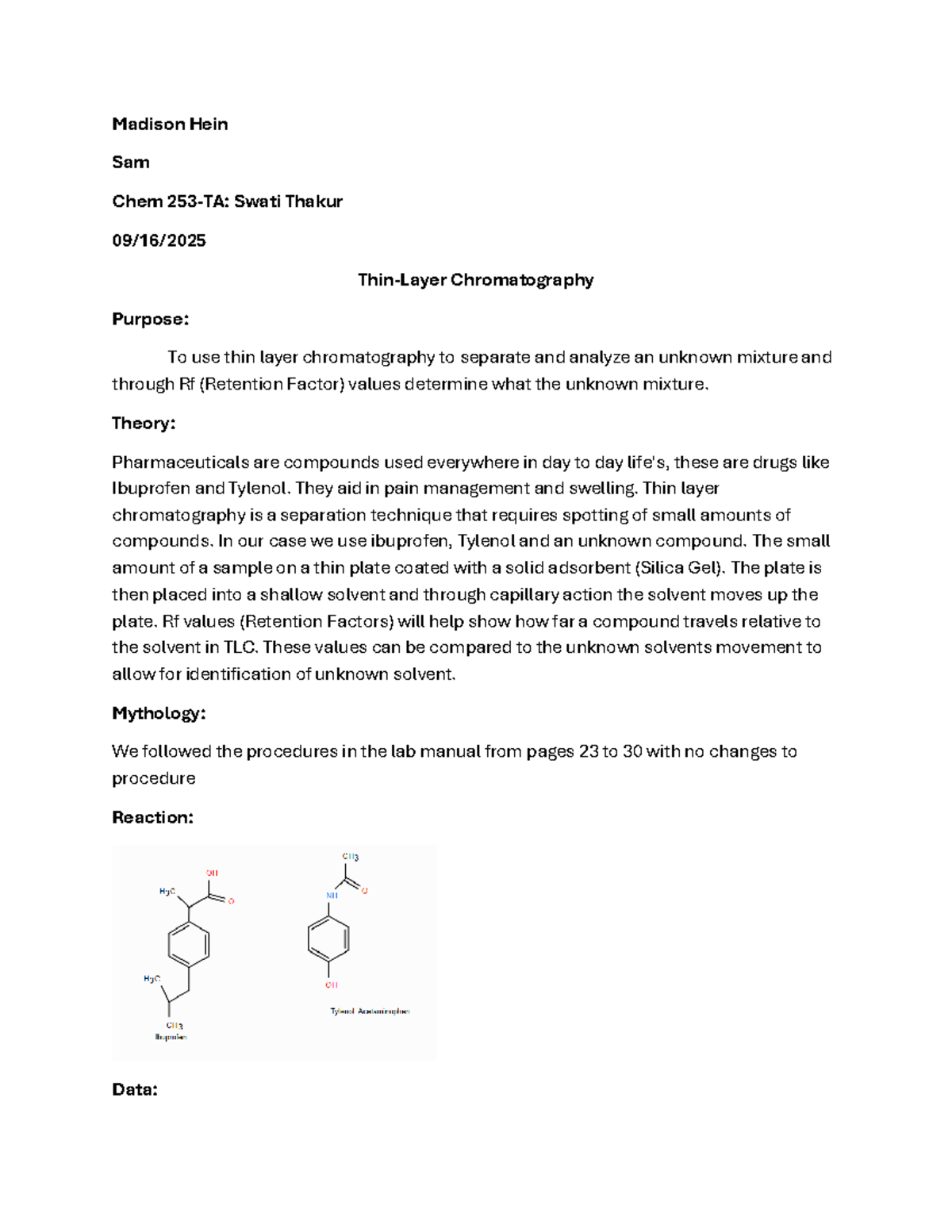Chem 101 Lab 4: Thin Layer Chromatography Analysis and Rf Values - Studocu