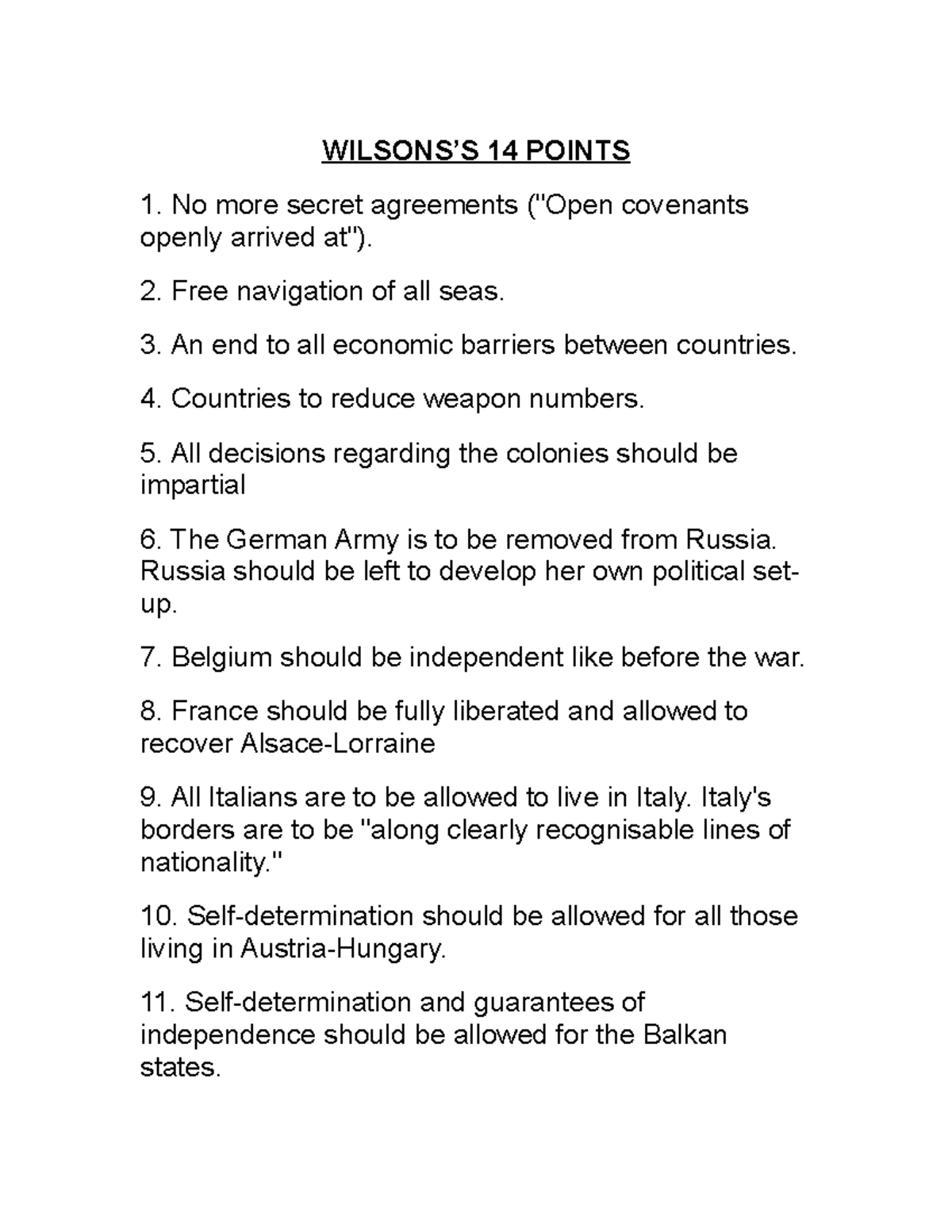 Wilsons's 14 Points Overview: Key Principles for Peace - Studocu