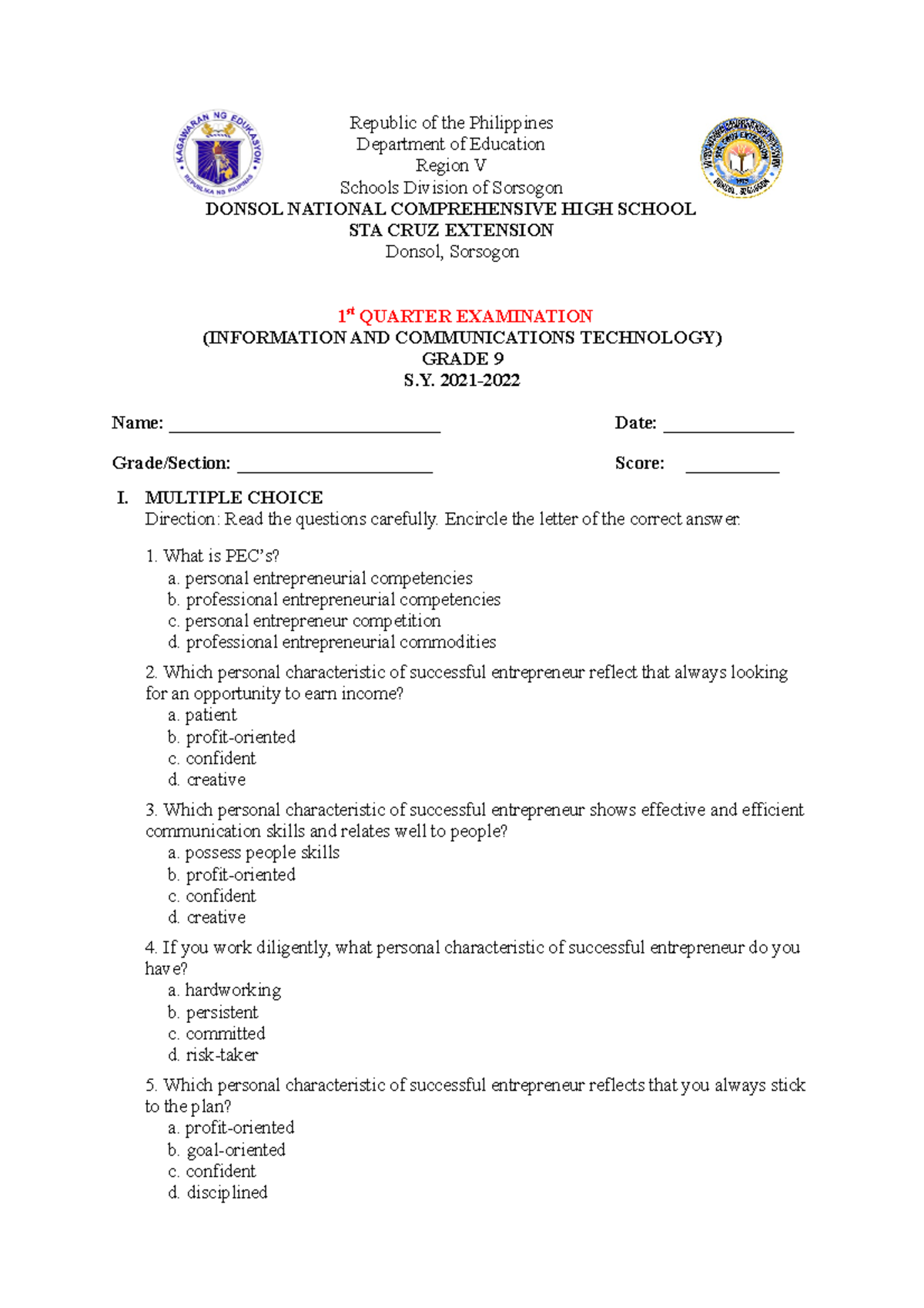 1ST Quarter Exam ICT 9-1: Multiple Choice Questions Overview - Studocu