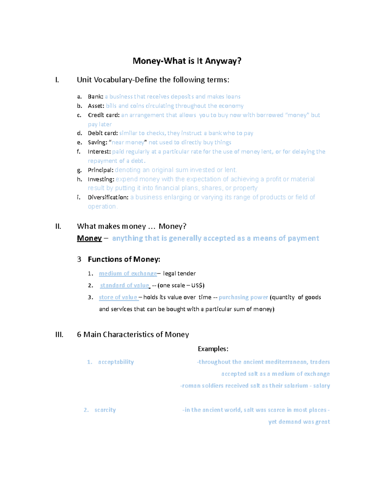Student notes money - Money-What is It Anyway? I. Unit Vocabulary ...