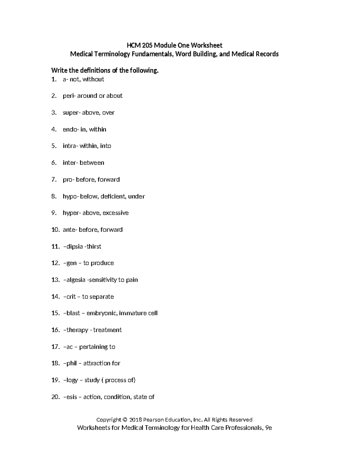 HCM 205 Module 1 Worksheet: Medical Terminology & Word Building - Studocu